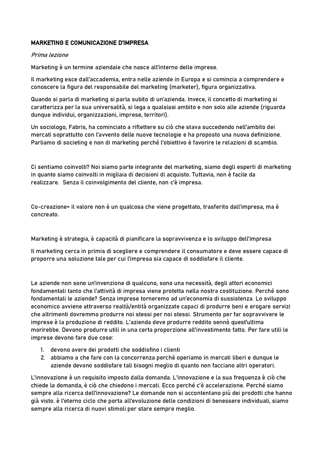 Prima lezione di marketing e comunicazione | Appunti di Marketing | Docsity