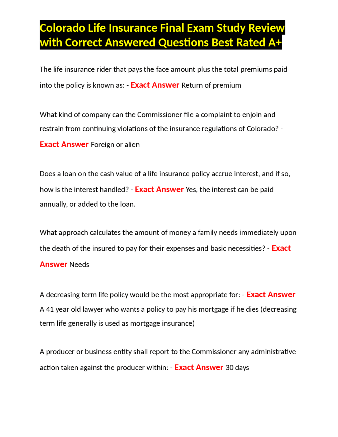 Colorado Life Insurance Final Exam Study Review with Correct Answered ...