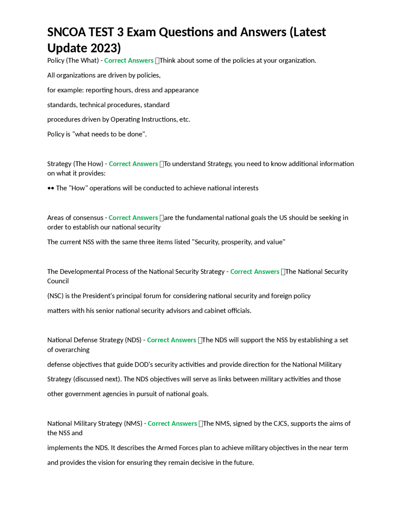 SNCOA TEST 3 Exam Questions and Answers (Latest Update 2023) | Exams ...