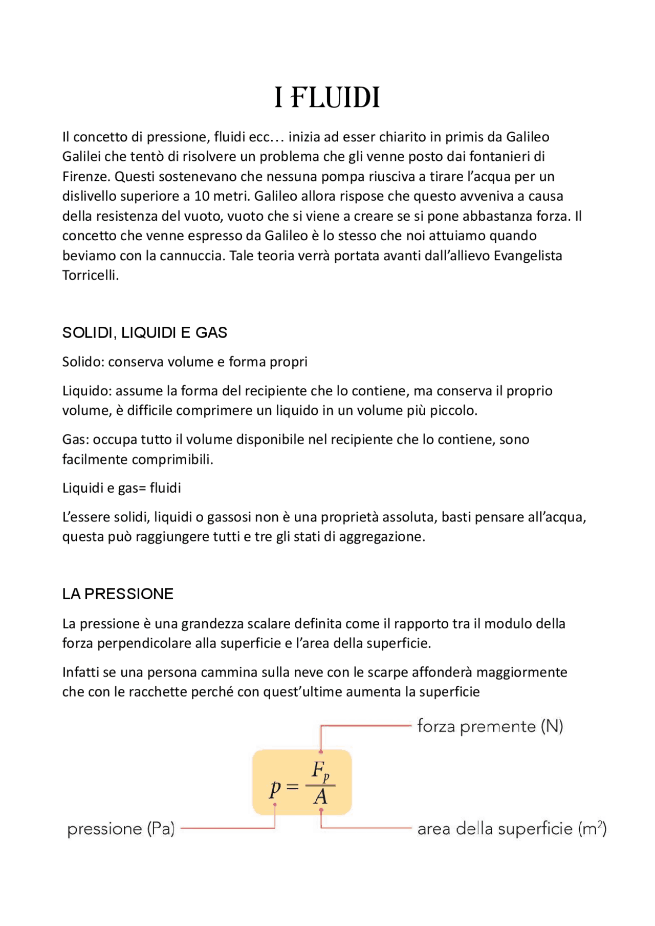 Fisica: riassunto sul capitolo dei fluidi | Dispense di Fisica | Docsity