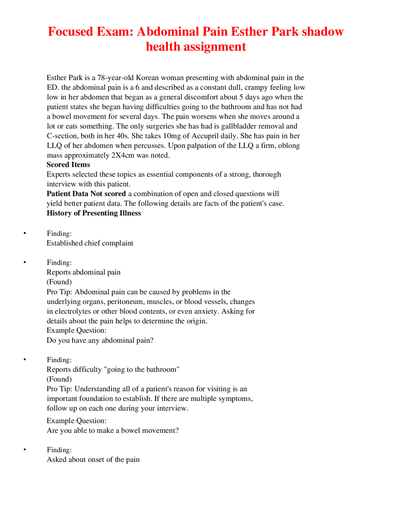 Focused Exam: Abdominal Pain Esther Park shadow health assignment ...