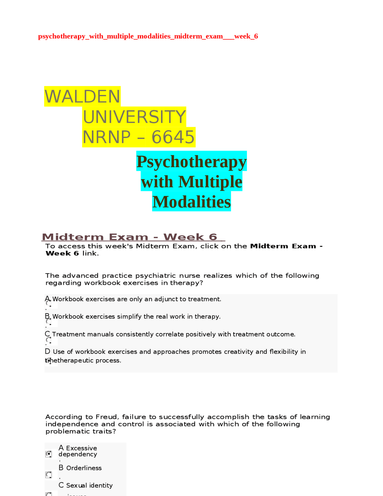 psychotherapy_with_multiple_modalities_midterm_exam___week_6 | Exams Health sciences | Docsity