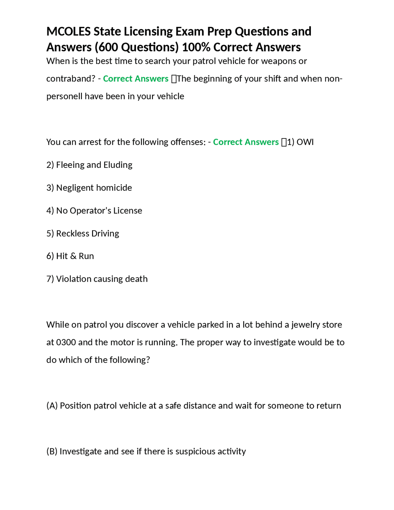 MCOLES State Licensing Exam Prep Questions and Answers (600 Questions ...