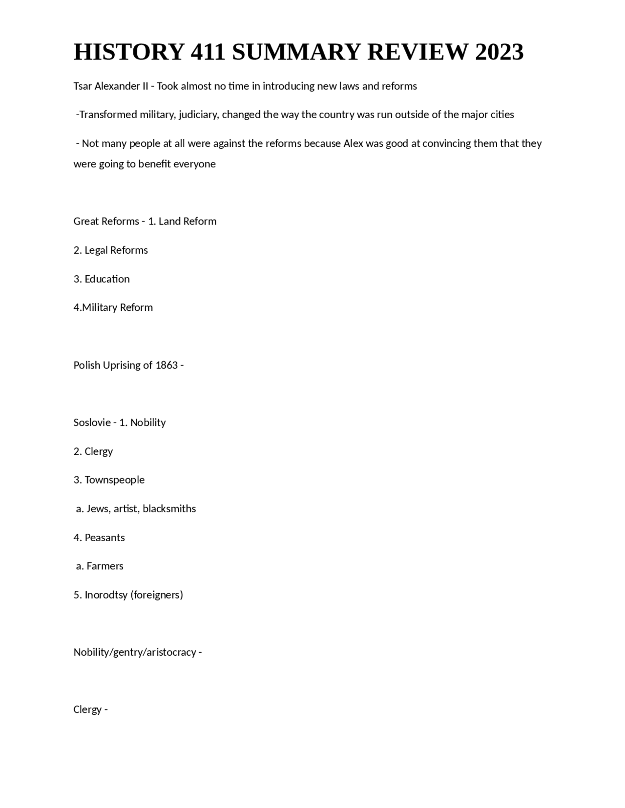 HISTORY 411 SUMMARY REVIEW 2023 | Exams Nursing | Docsity