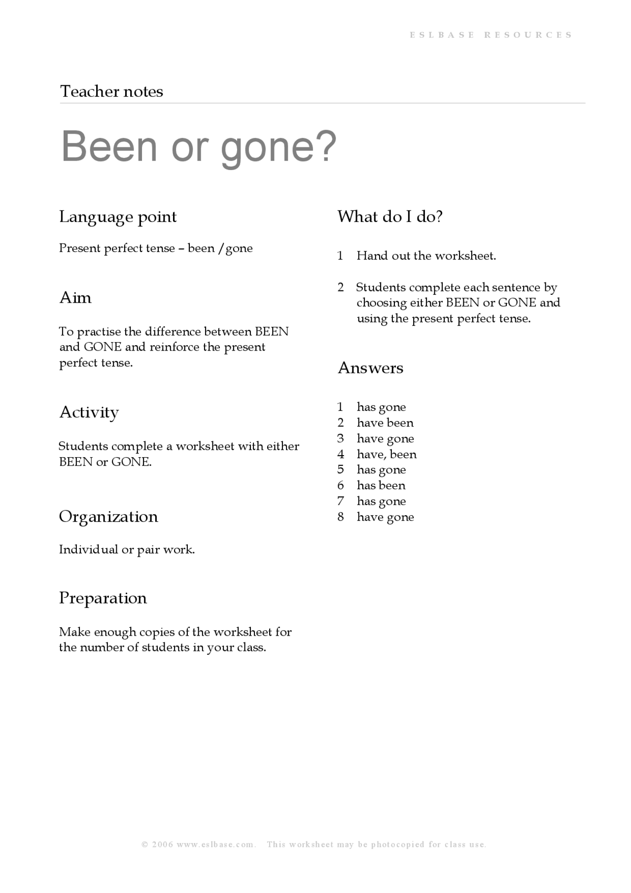 been vs gone exercises | Exercícios Inglês | Docsity