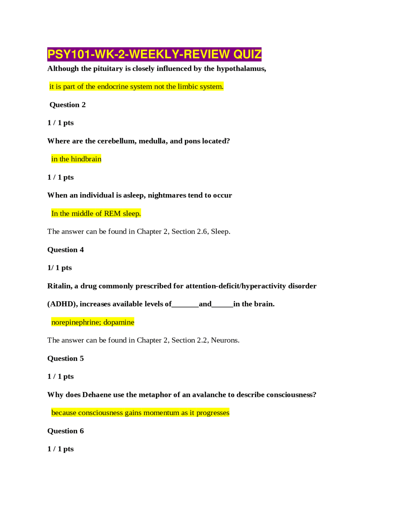 Psy101 Wk 2 Weekly Review Quiz Exams Psychology Docsity