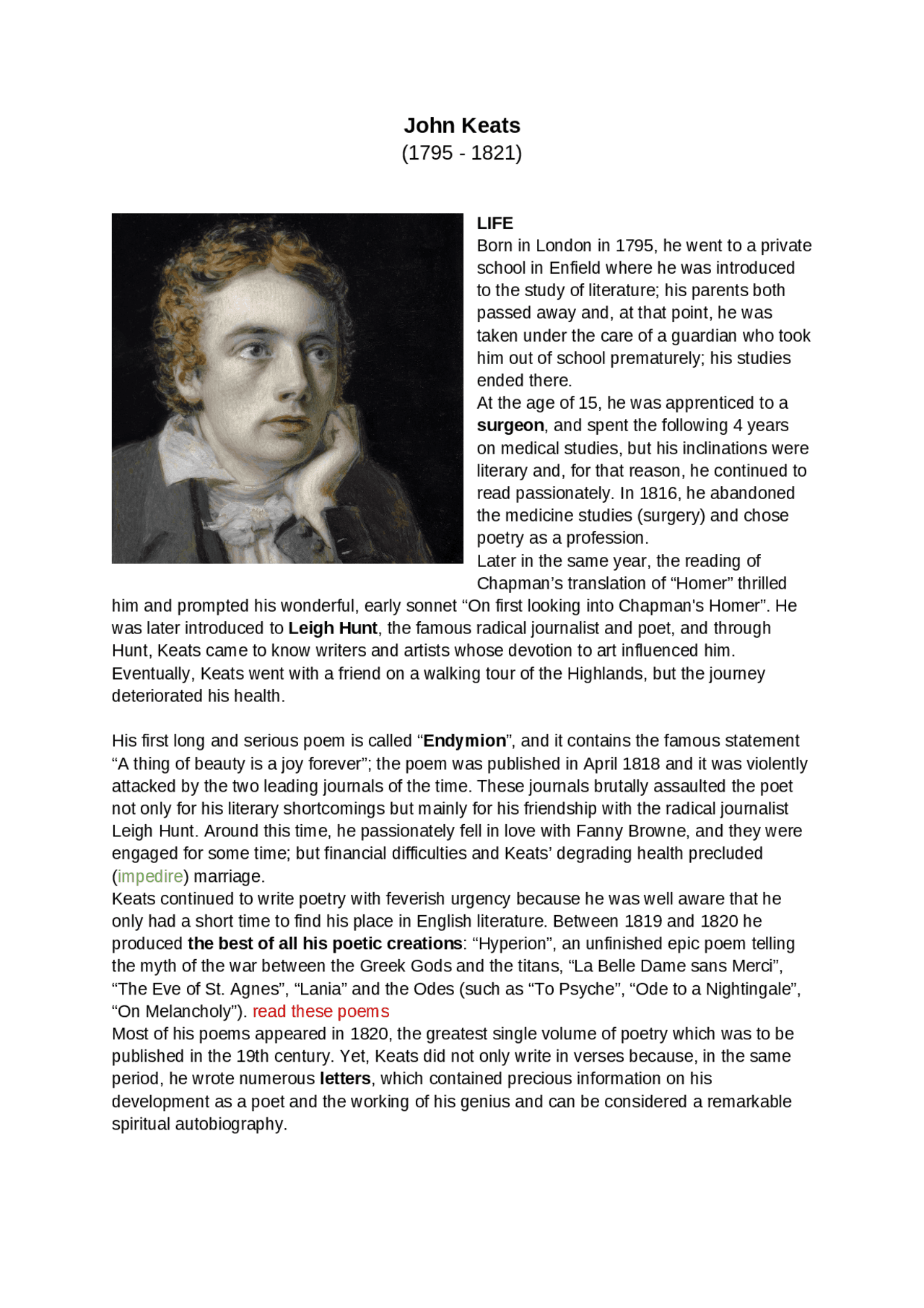 Appunti Su John Keats Appunti Di Inglese Docsity