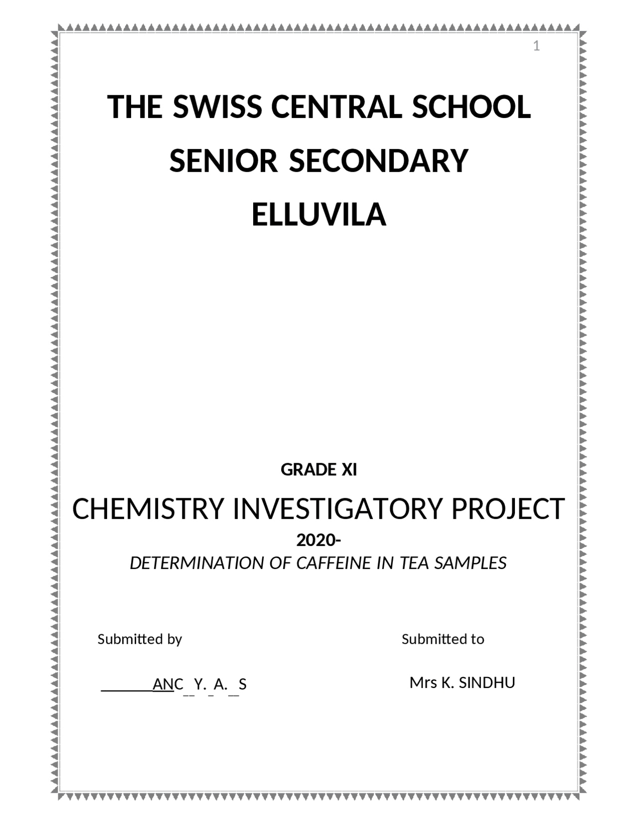 Chemistry Investigatory Project Cover Page