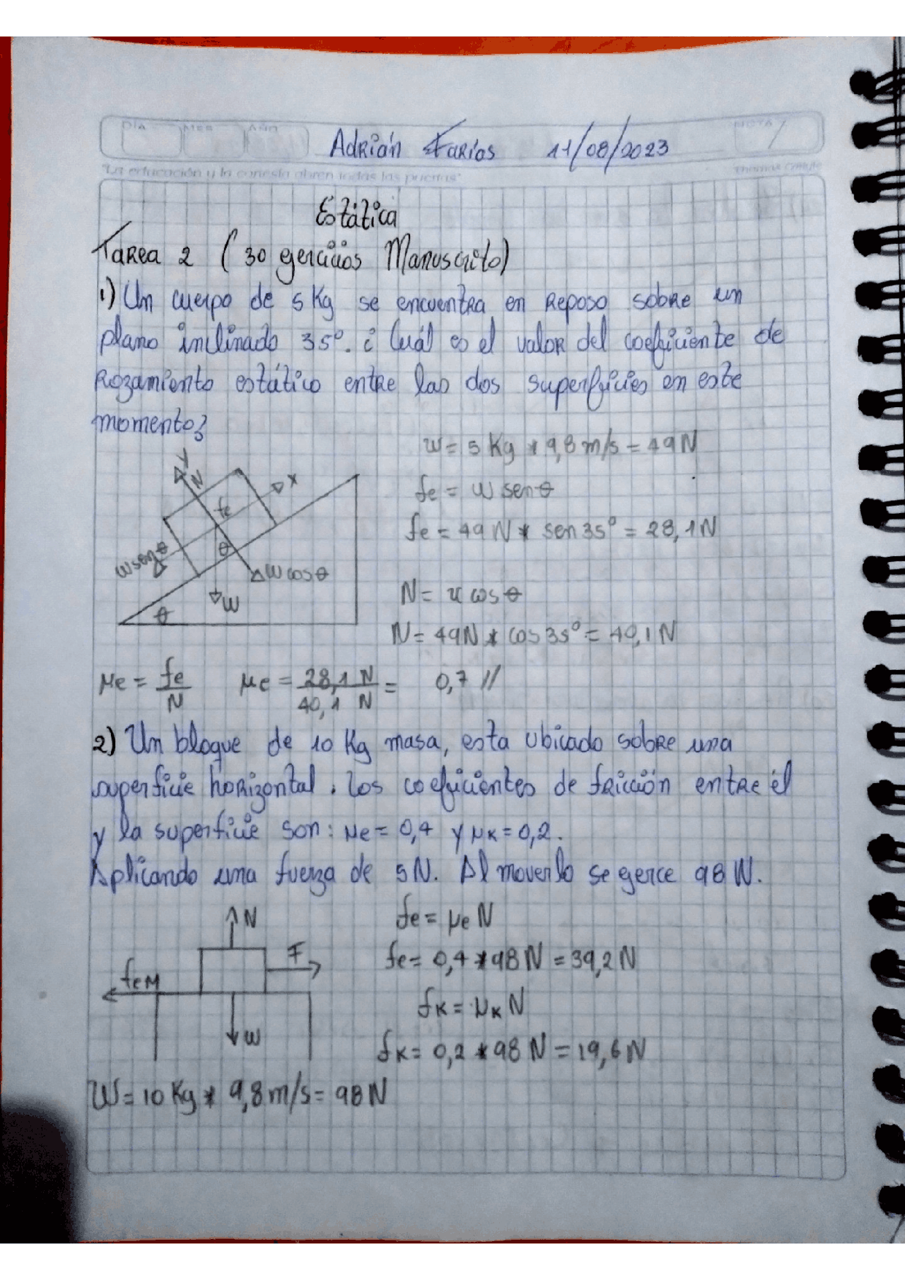 Ejercicios resueltos de Fricción Estática | Ejercicios de Estática | Docsity