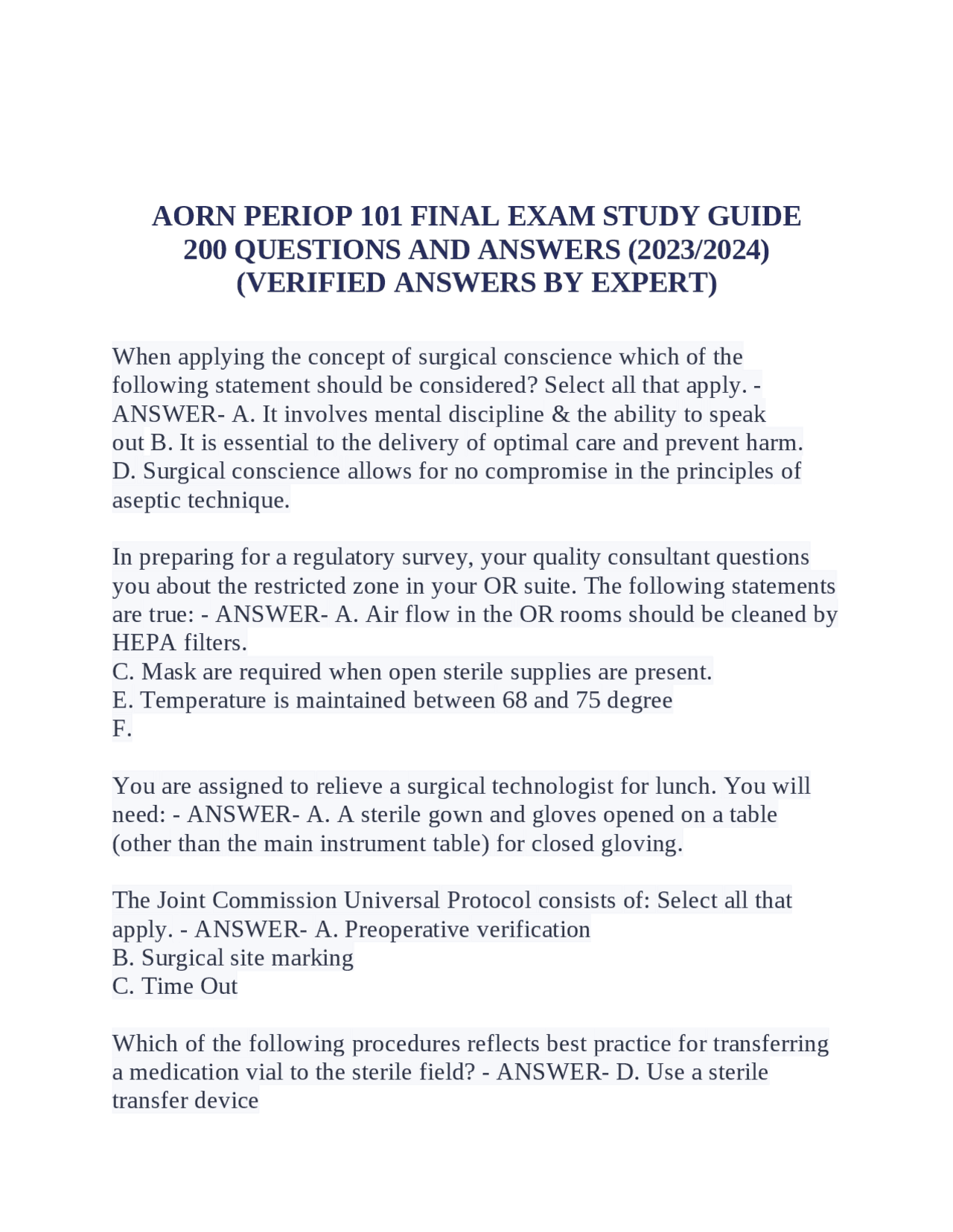 AORN PERIOP 101 FINAL EXAM STUDY GUIDE 200 QUESTIONS AND ANSWERS (2023/ ...