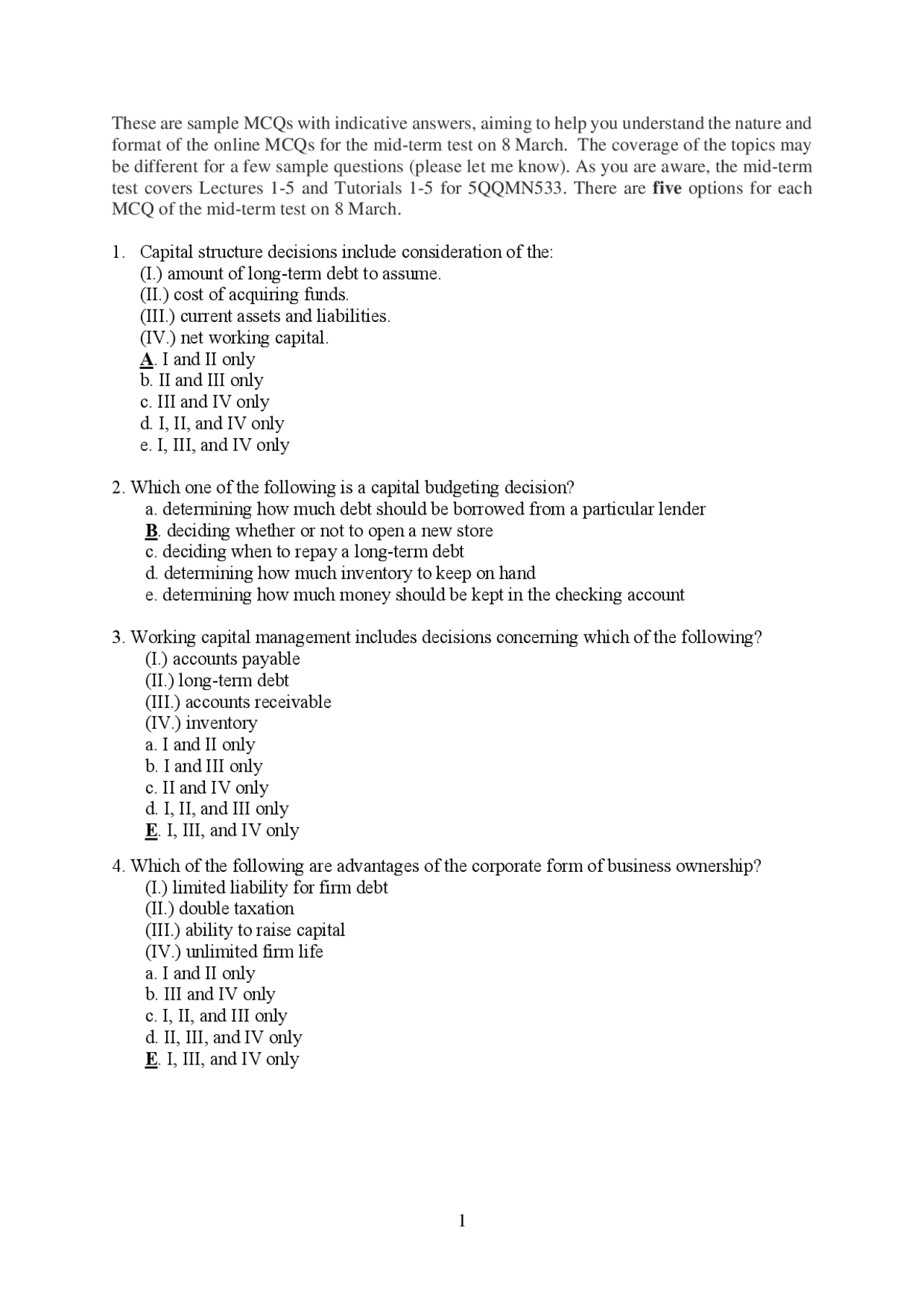 Kings College 5QQMN533. Sample MCQs with Answers | Exams Business ...