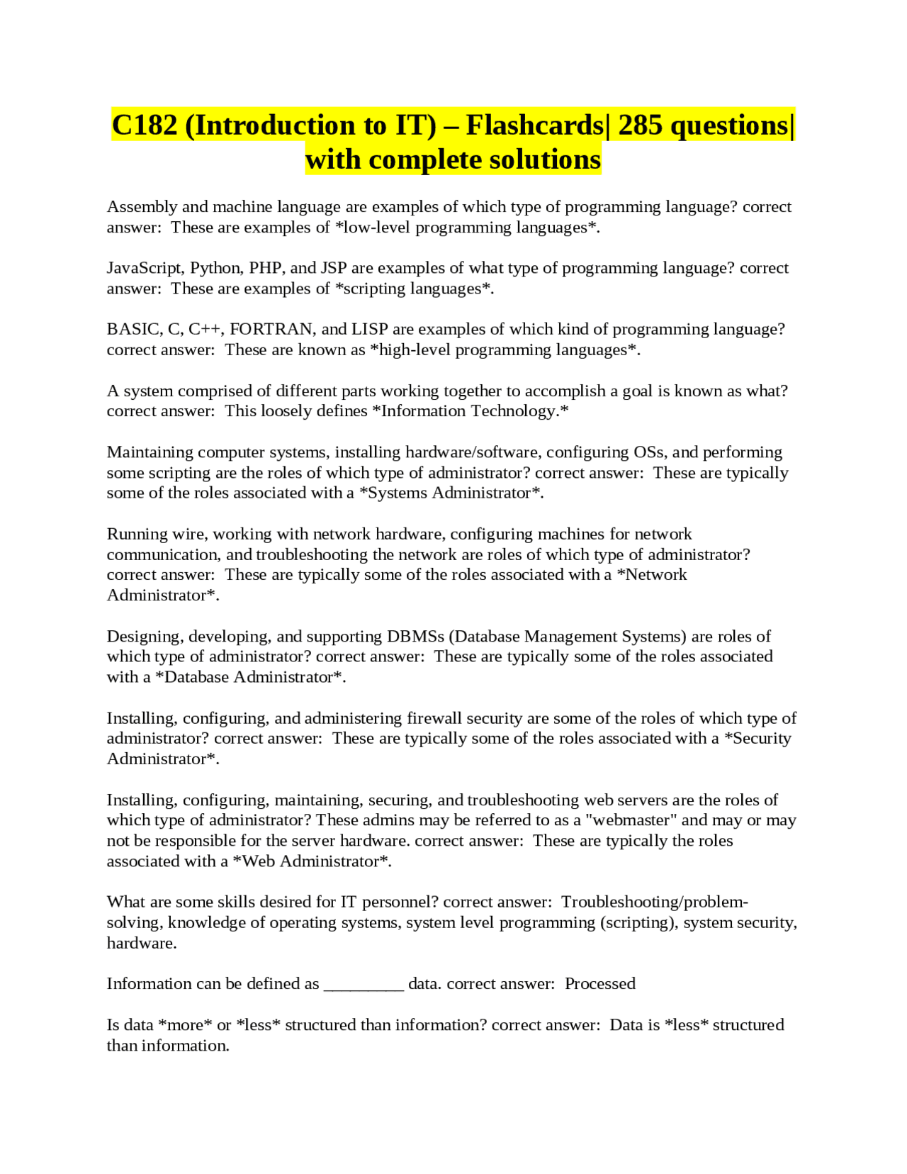 C182 (Introduction to IT) – Flashcards 285 questions with complete ...