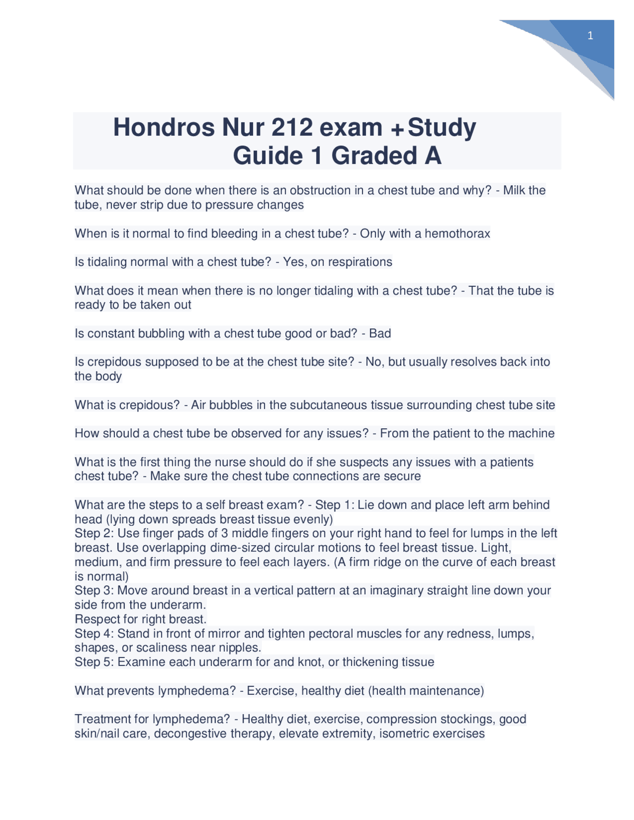Hondros Nur 212 exam + Study Guide 1 Graded A | Exams Nursing | Docsity