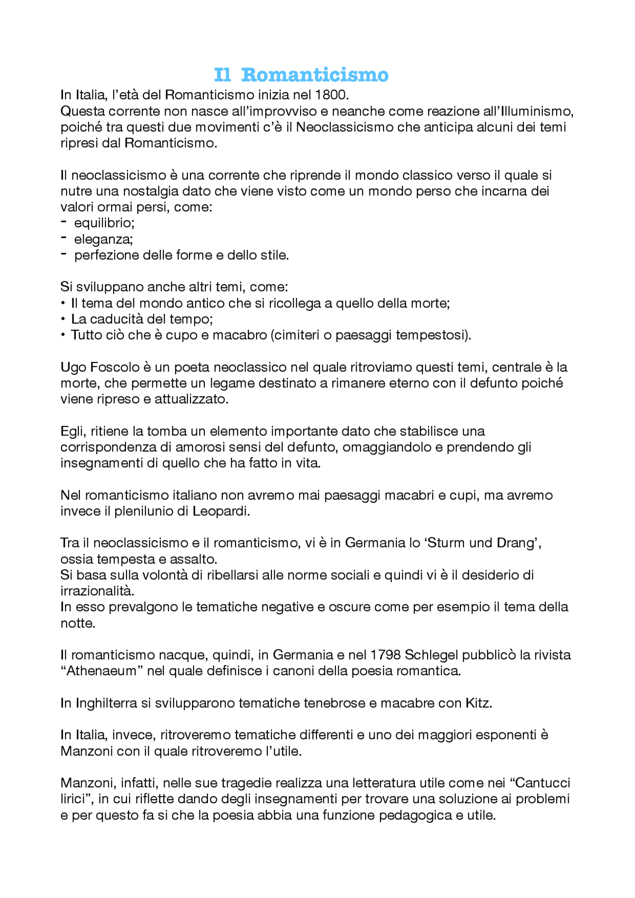 Italiano: Romanticismo, A.Manzoni, G.Leopardi | Appunti di Italiano ...