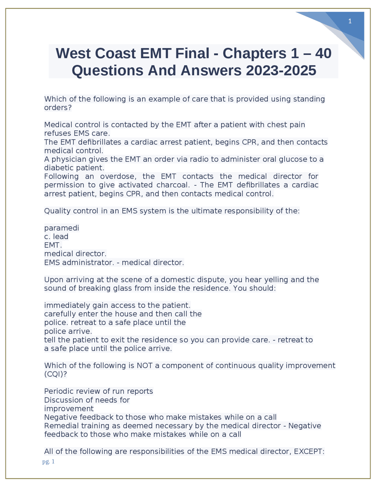 West Coast EMT Final - Chapters 1 – 40 Questions And Answers 2023-2025 ...