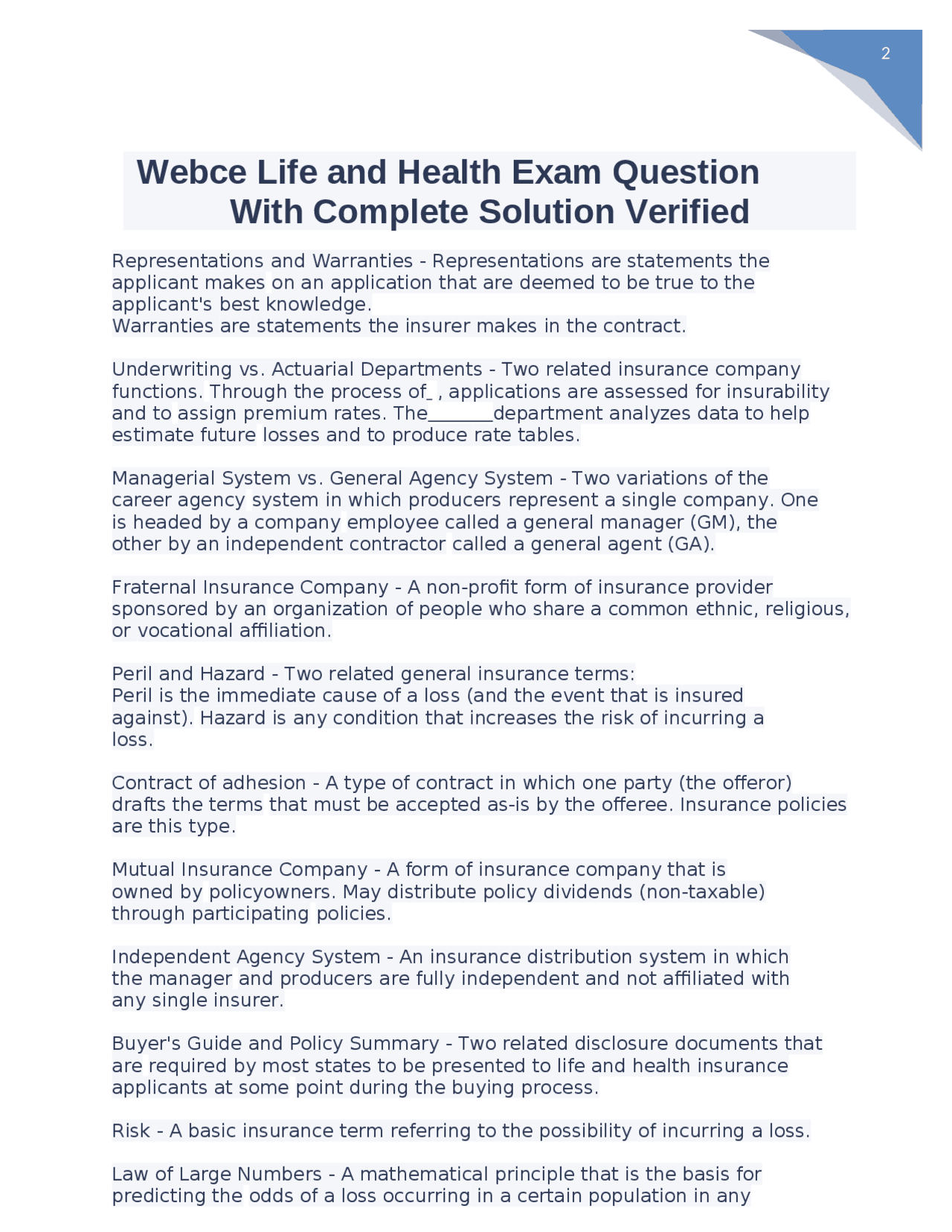 Webce Life and Health Exam Question With Complete Solution Verified ...