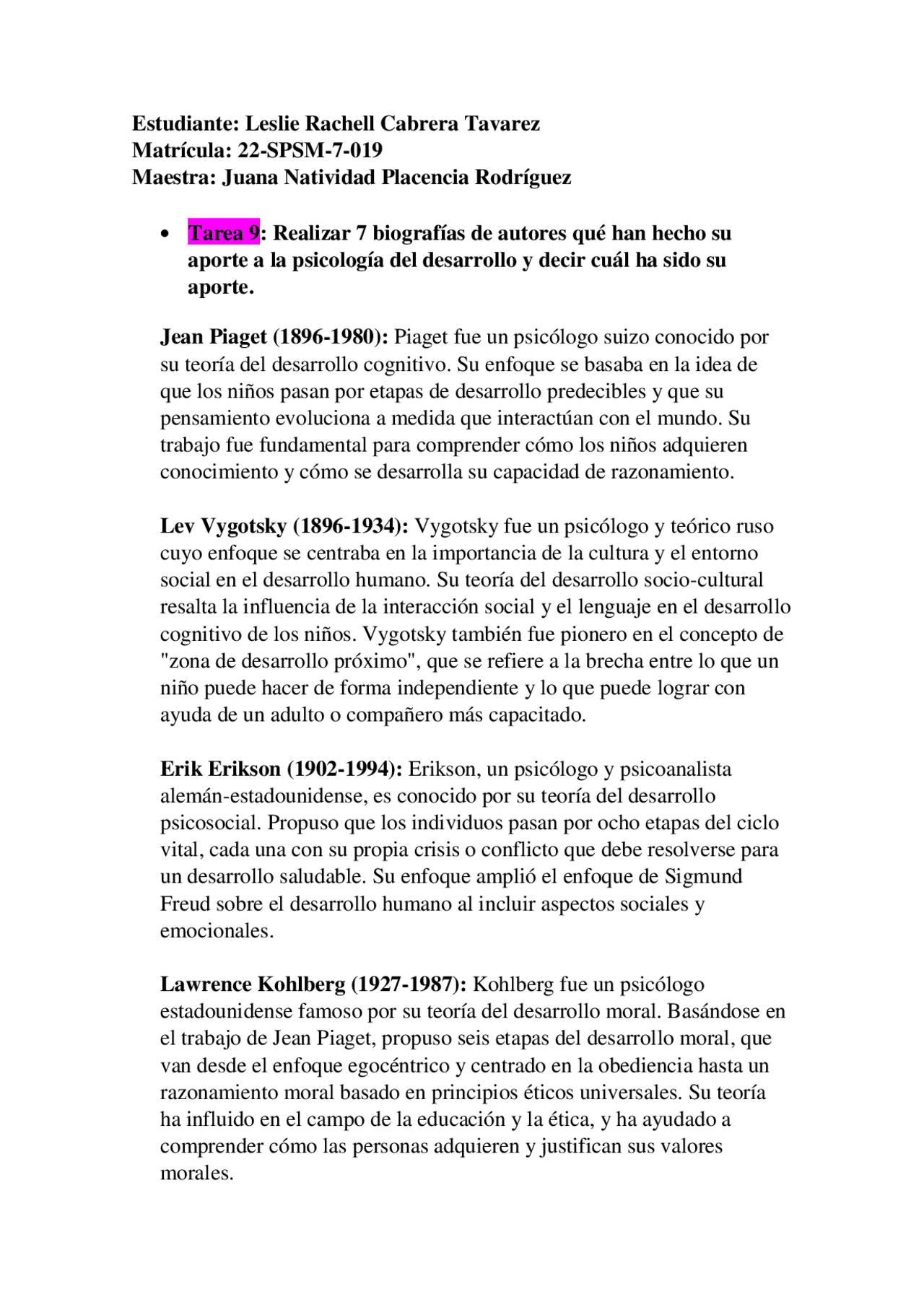 Tarea 9 Psicología Del Desarrollo Ejercicios De Psicología Del