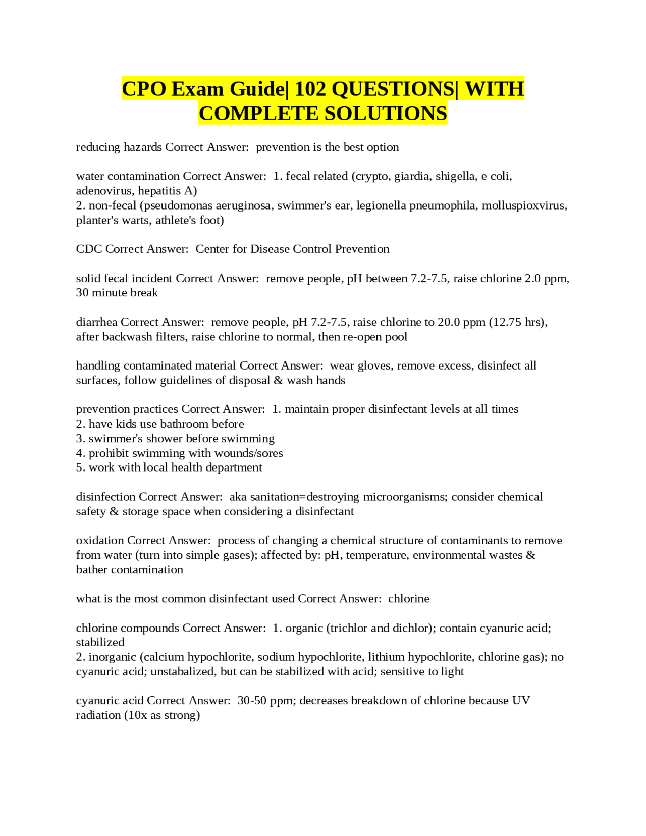 CPO Exam Guide 102 QUESTIONS WITH COMPLETE SOLUTIONS | Exams Nursing ...