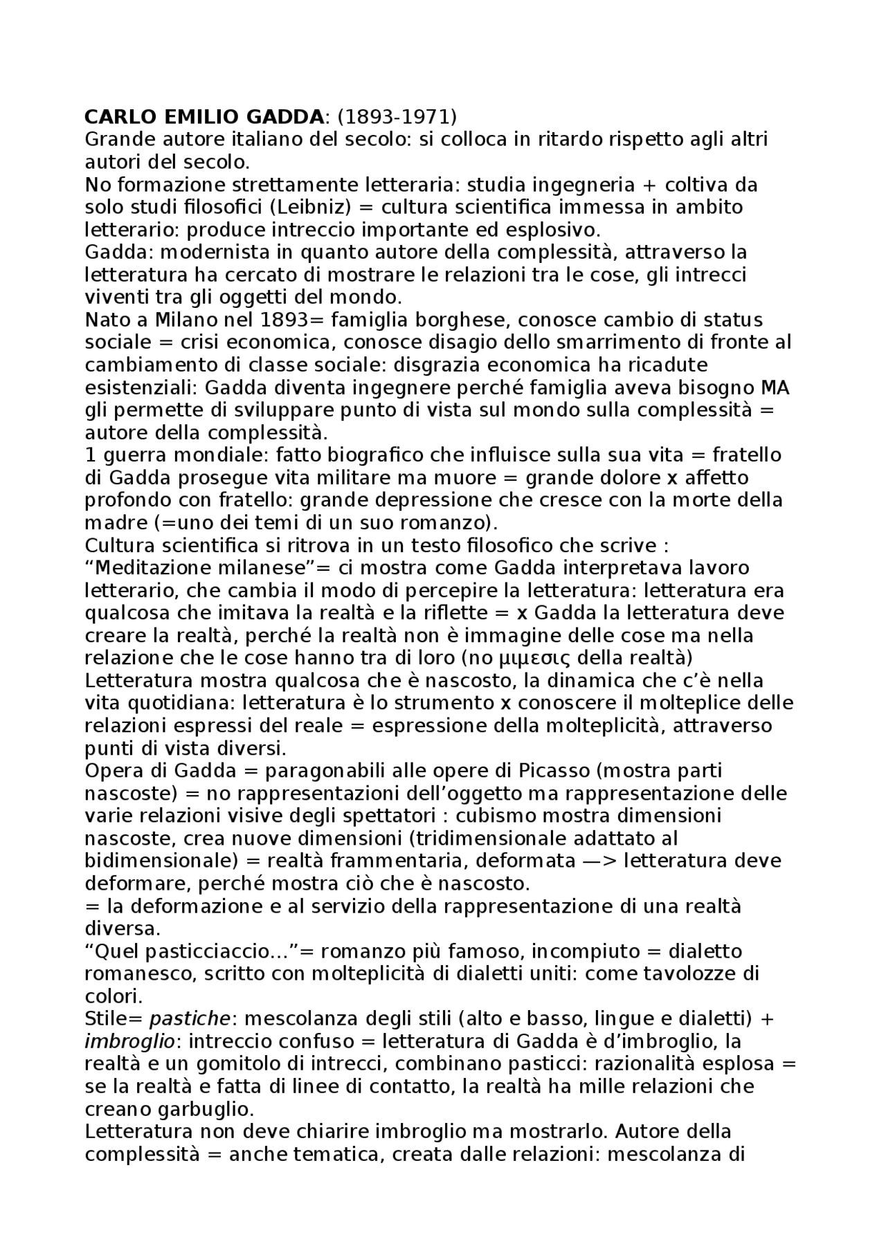 Riassunto Generale Carlo Emilio Gadda Schemi E Mappe Concettuali Di