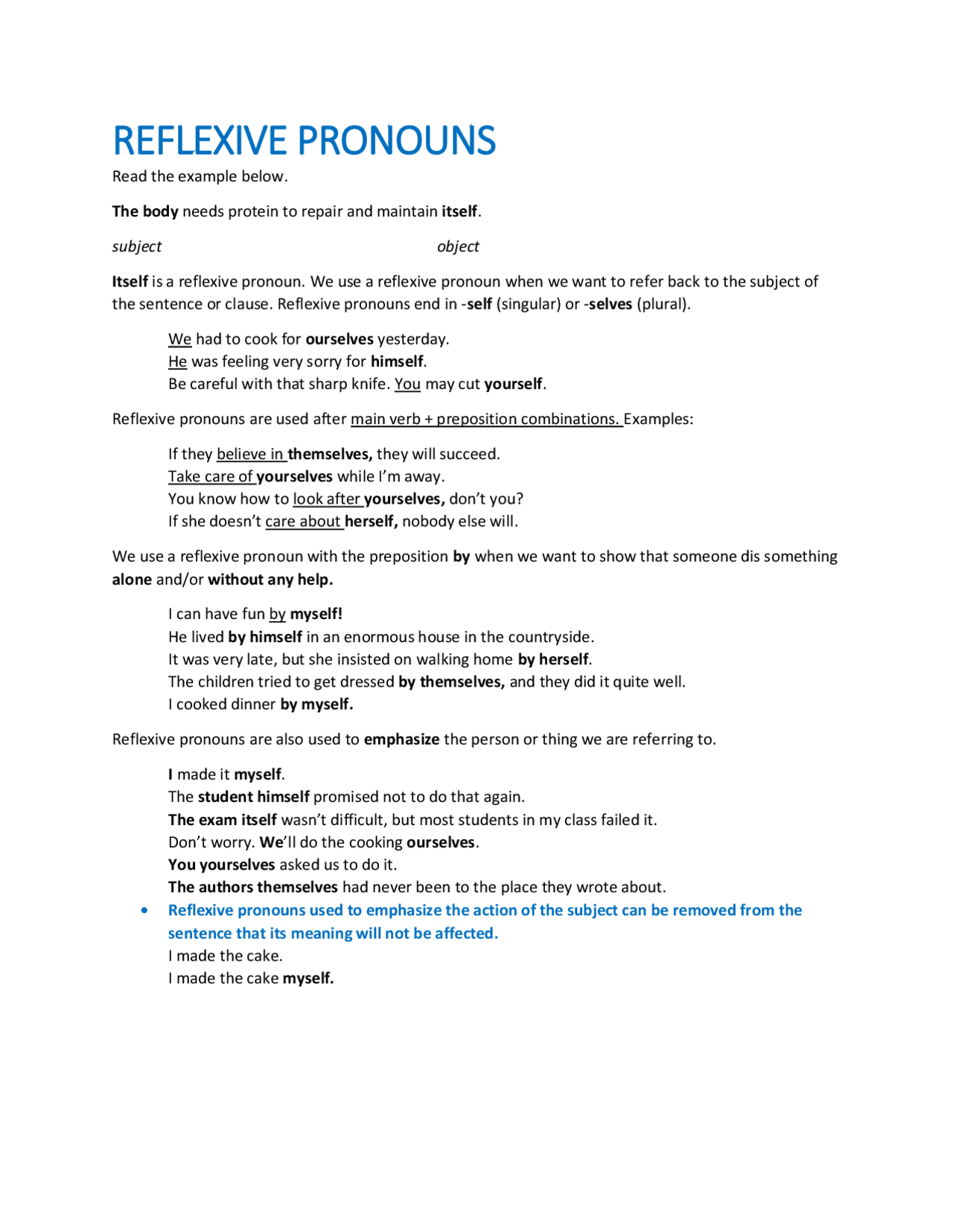 Resumo sobre Pronomes Reflexivos | Esquemas Inglês | Docsity