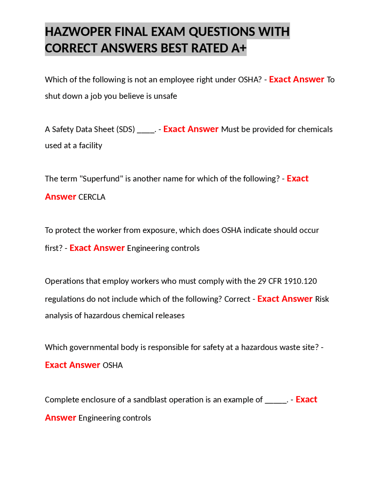 HAZWOPER FINAL EXAM QUESTIONS WITH CORRECT ANSWERS BEST RATED A+ ...