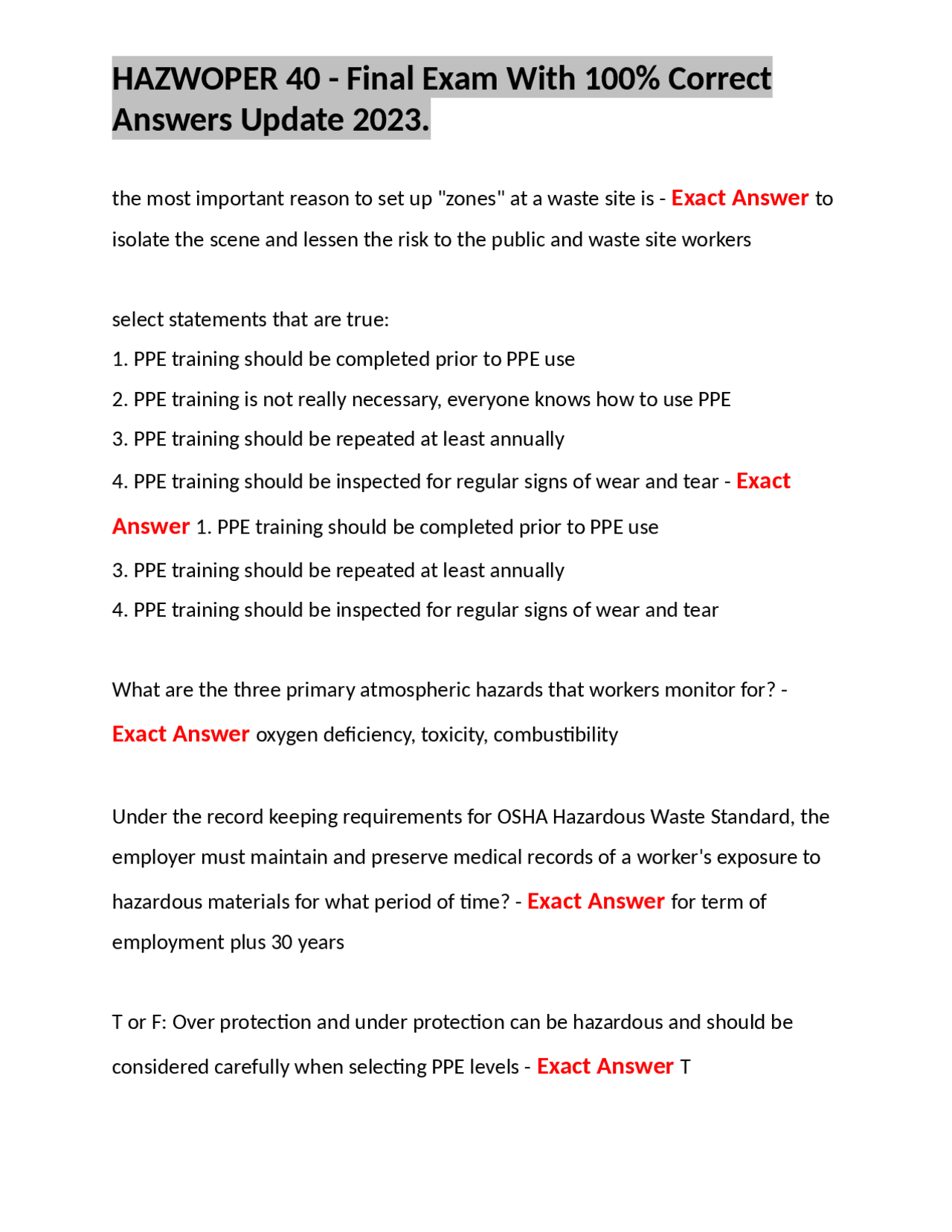 HAZWOPER Exam with 100% Correct Answers Update 2023 | Exams Nursing ...