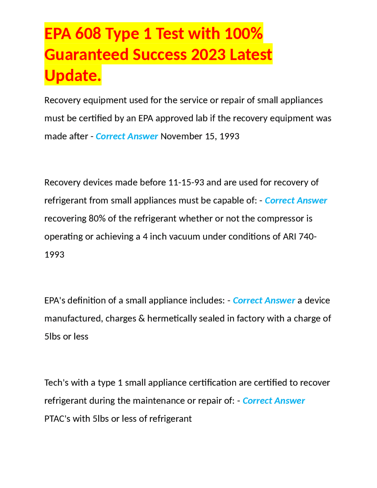 EPA 608 Type 1 Test with 100% Guaranteed Success 2023 Latest Update ...