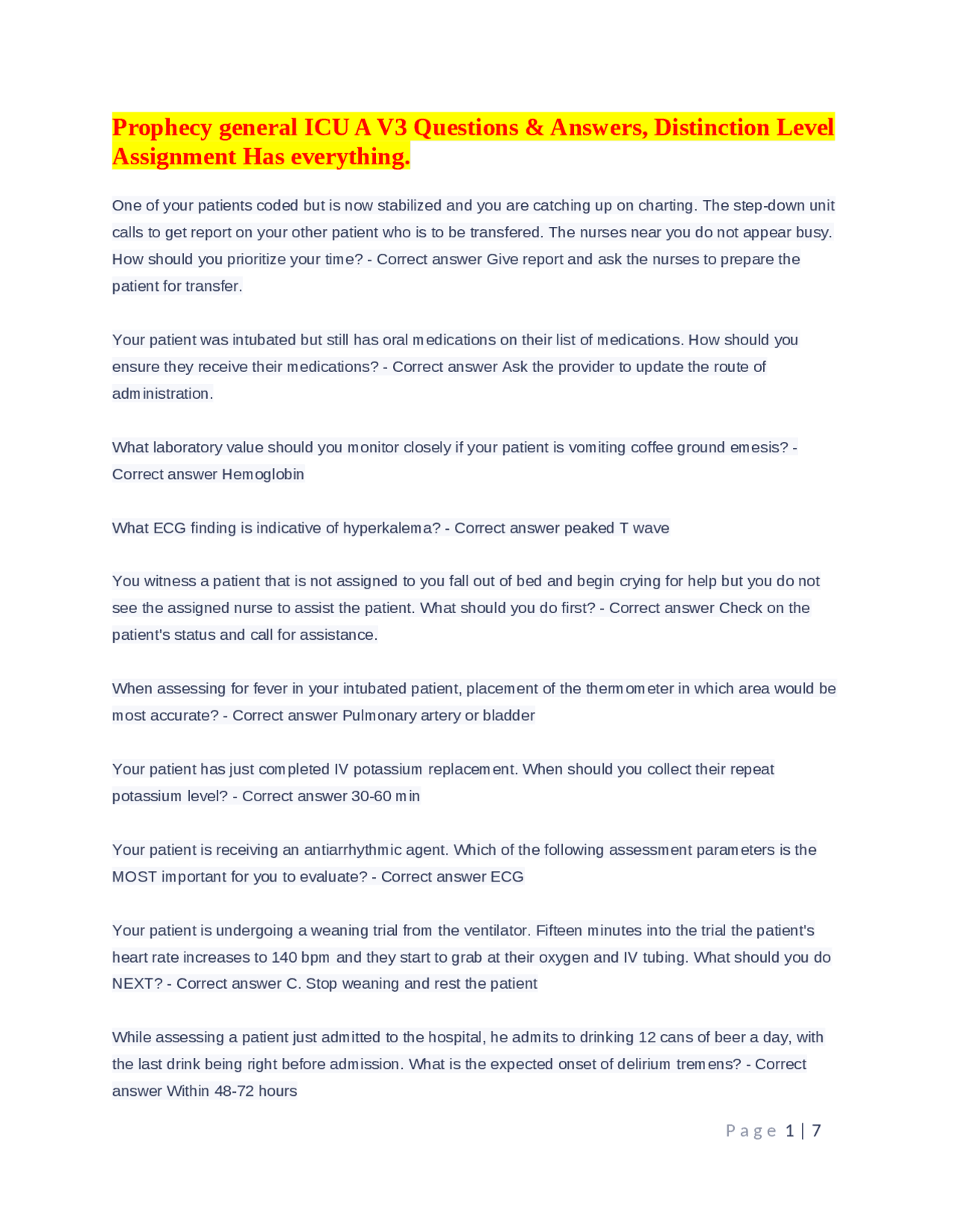 Prophecy general ICU A V3 Questions & Answers, Distinction Level ...