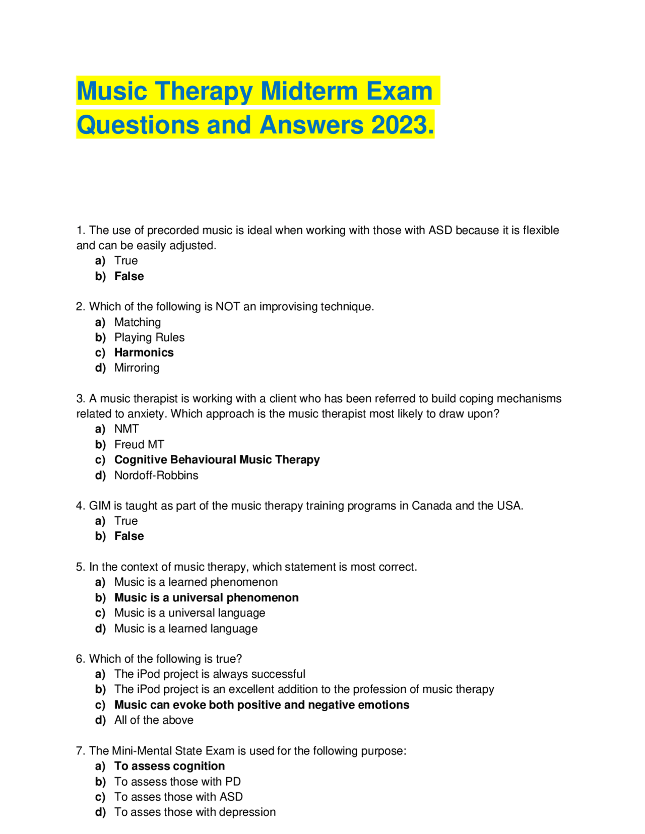 Music Therapy Midterm Exam Questions and Answers 2023. | Exams Music | Docsity