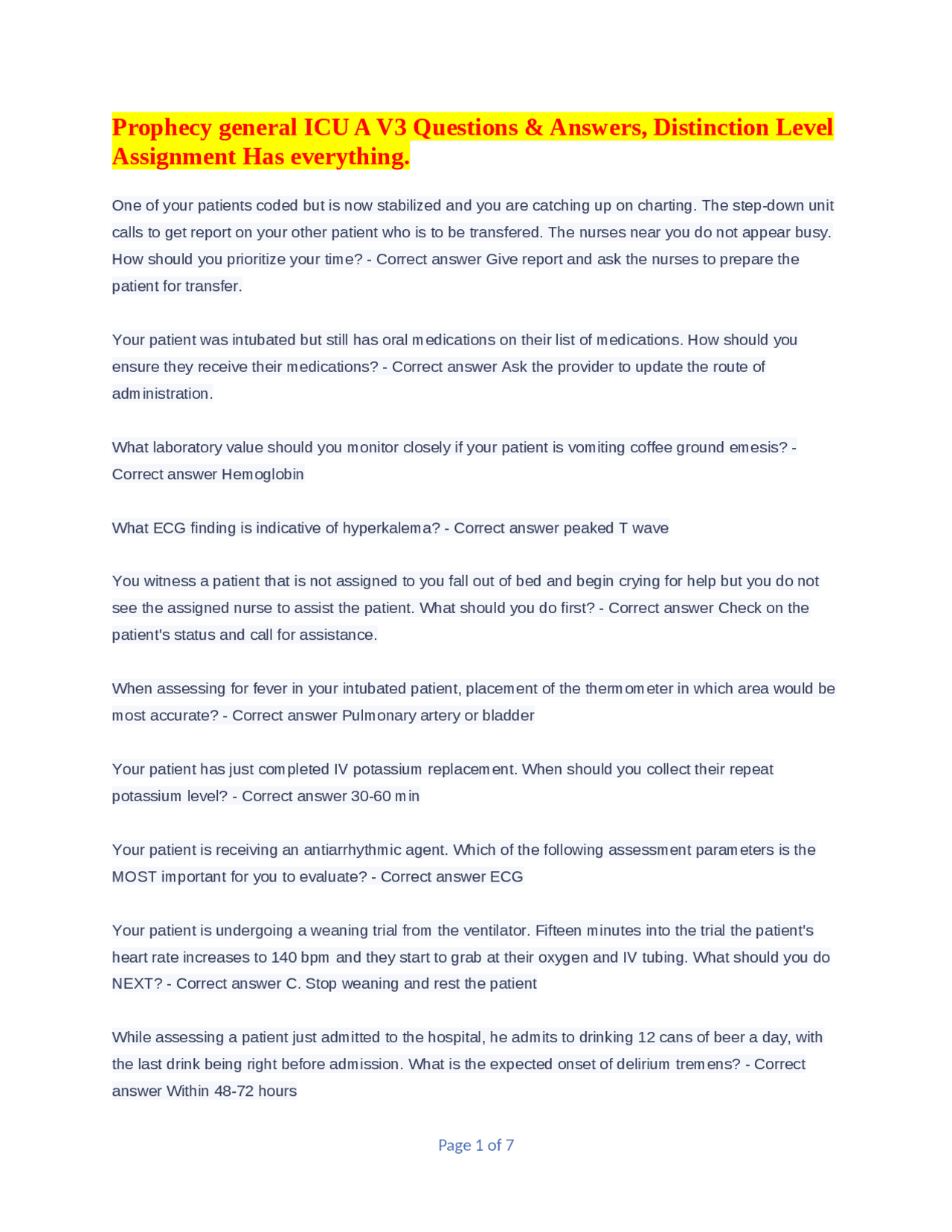 Prophecy general ICU A V3 Questions & Answers, Distinction Level ...