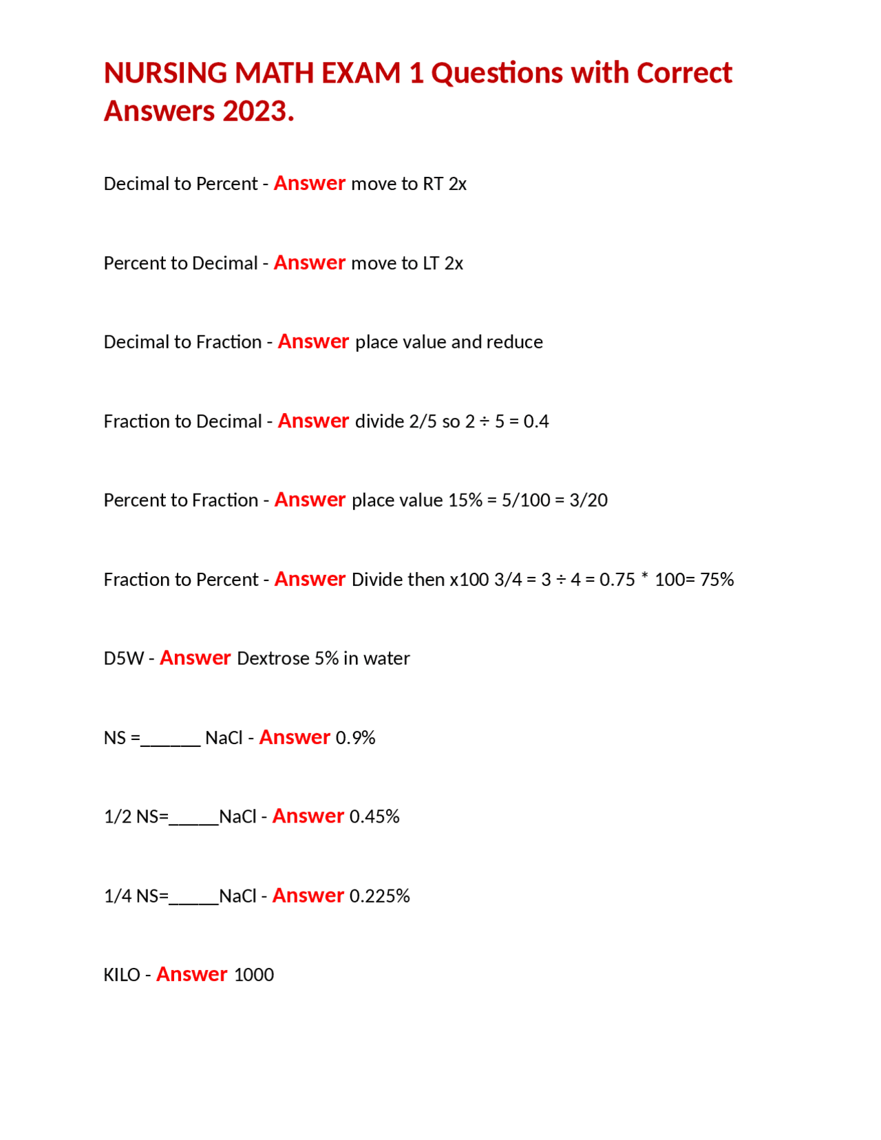 NURSING MATH EXAM 1 Questions with Correct Answers 2023. | Exams ...