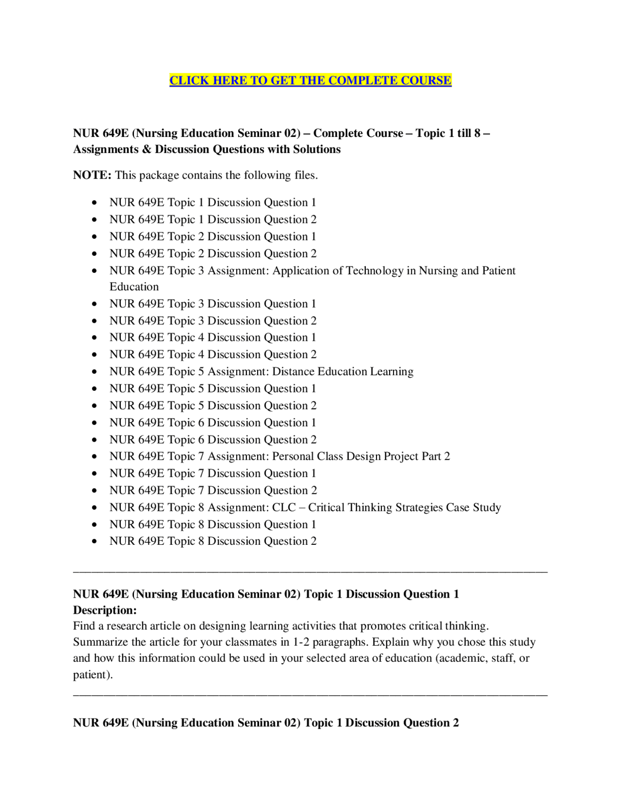 NUR 649E (Nursing Education Seminar 02) - Complete Course - Topic 1 ...