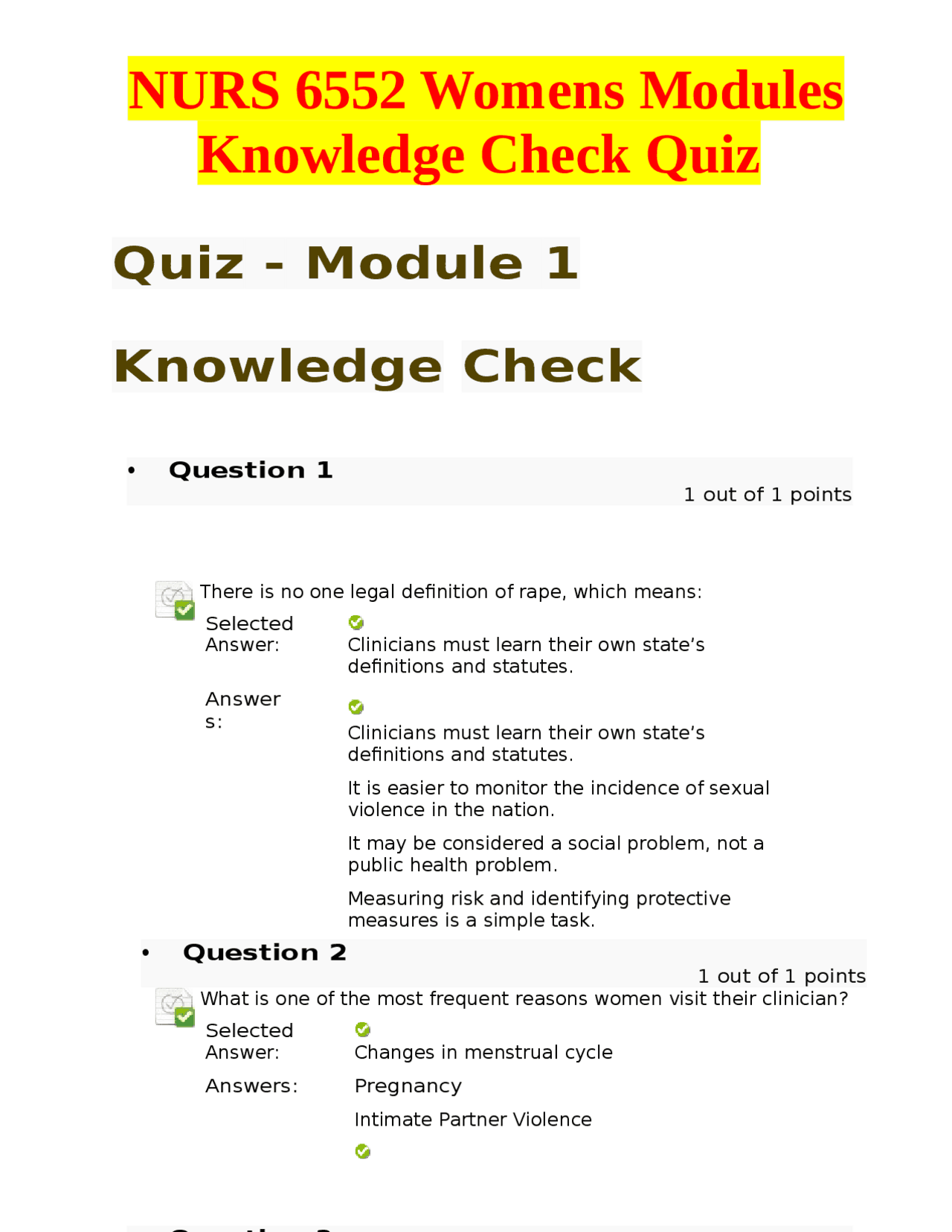 Nurs 6552 Womens Modules Knowledge Check Quiz Exams Nursing Docsity