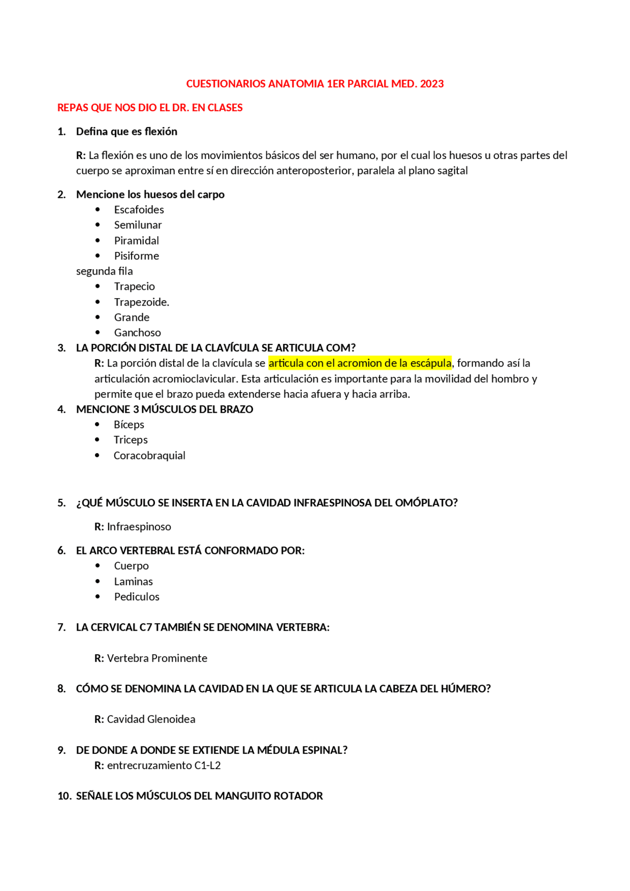 Cuestionario De Anatomia 1 Parcial Ejercicios De Anatomía Docsity