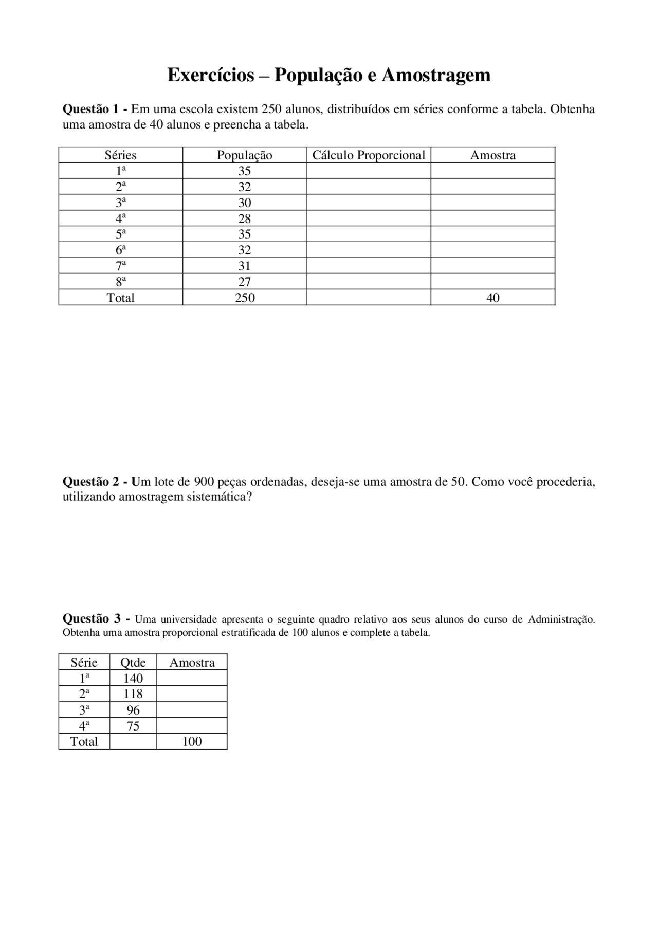 Estatística; População; Amostras. | Exercícios Matemática | Docsity