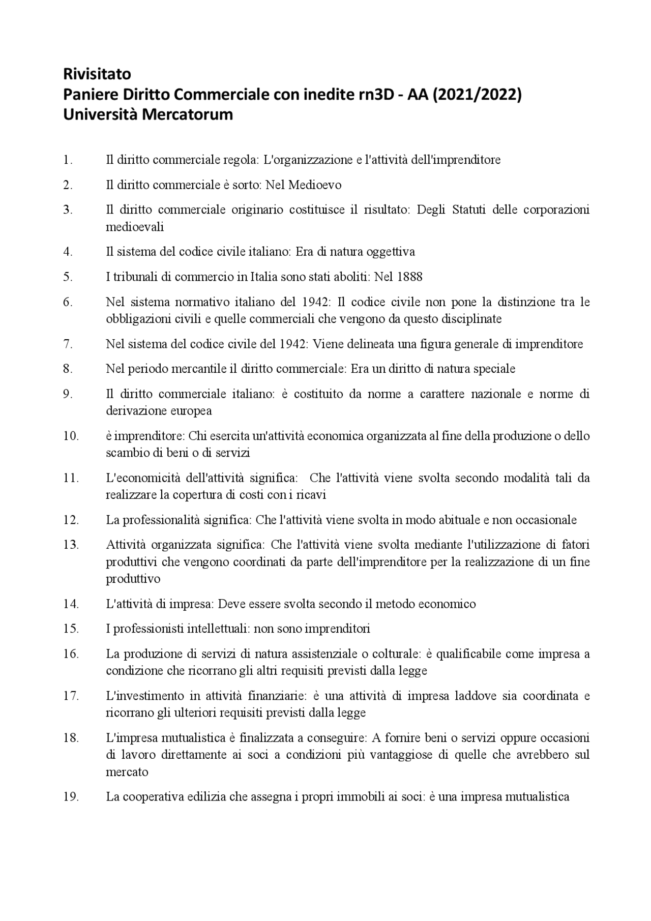 Paniere diritto commerciale | Panieri di Diritto Commerciale | Docsity