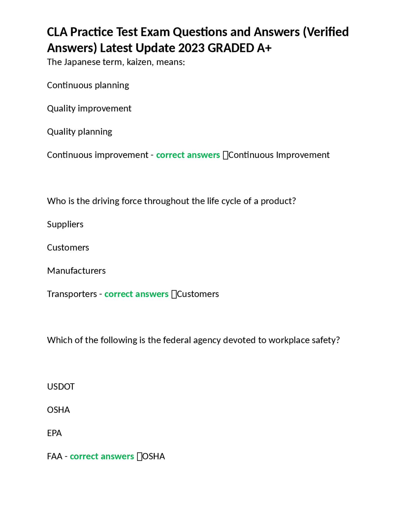CLA Practice Test Exam Questions and Answers (Verified Answers) Latest ...