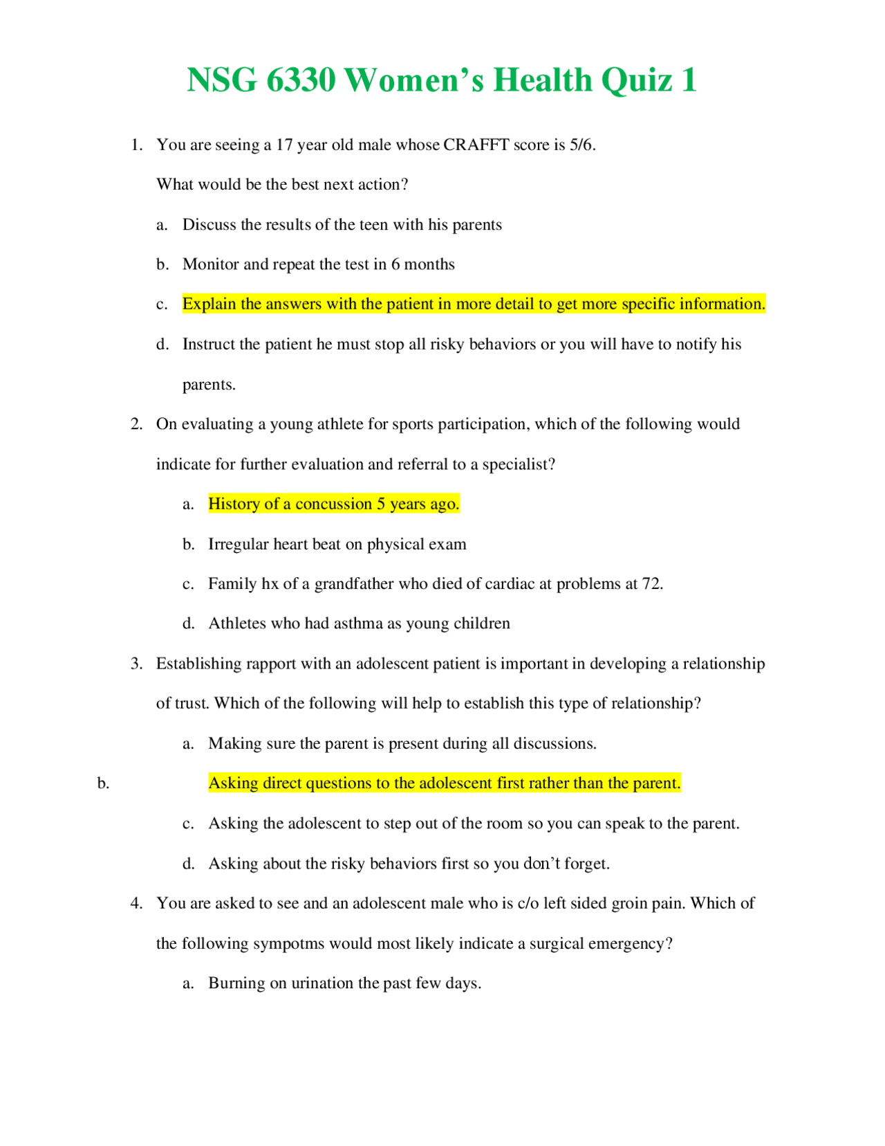 NSG 6330 Women’s Health Quiz 1 | Exams Nursing | Docsity