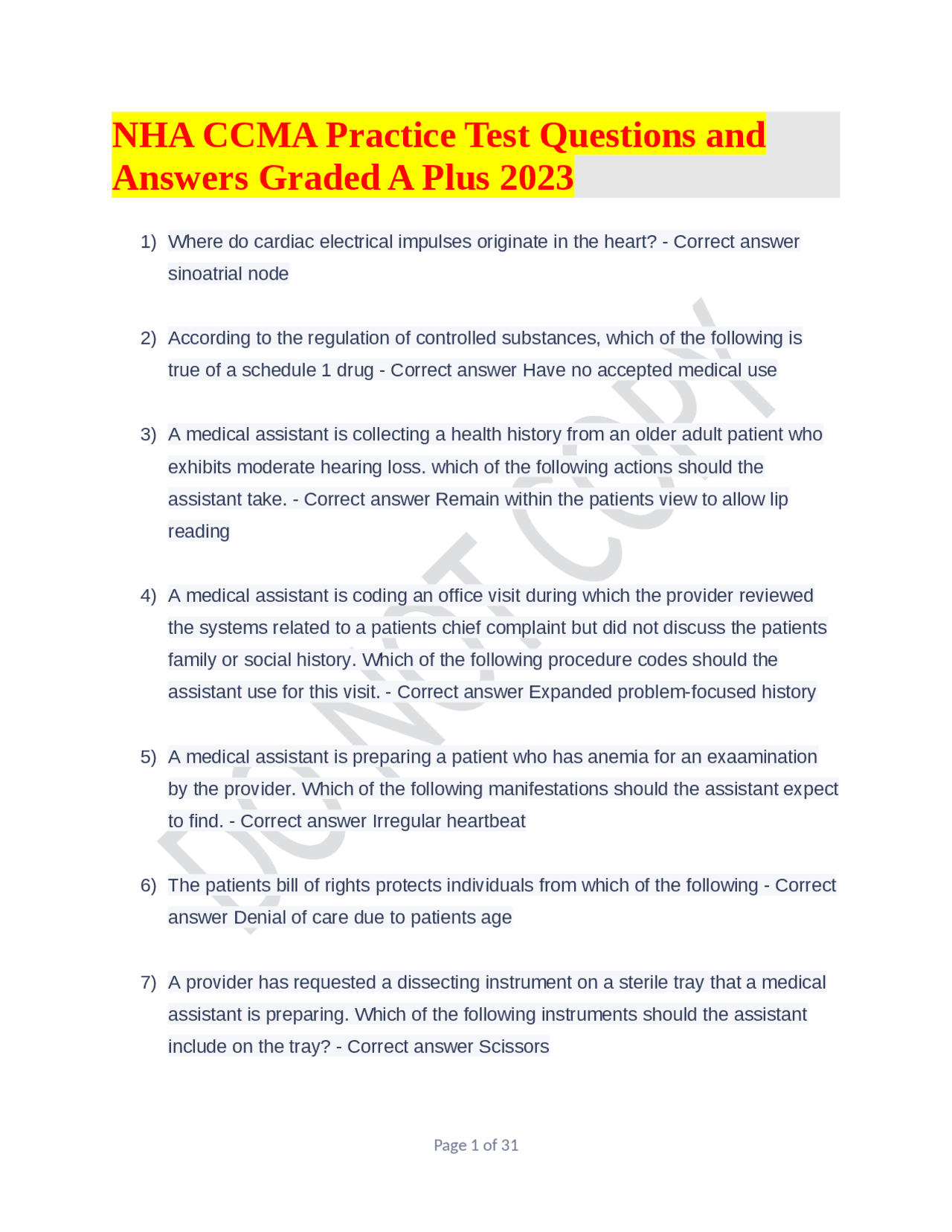 NHA CCMA Practice Test Questions and Answers Graded A Plus 2023 | Exams ...