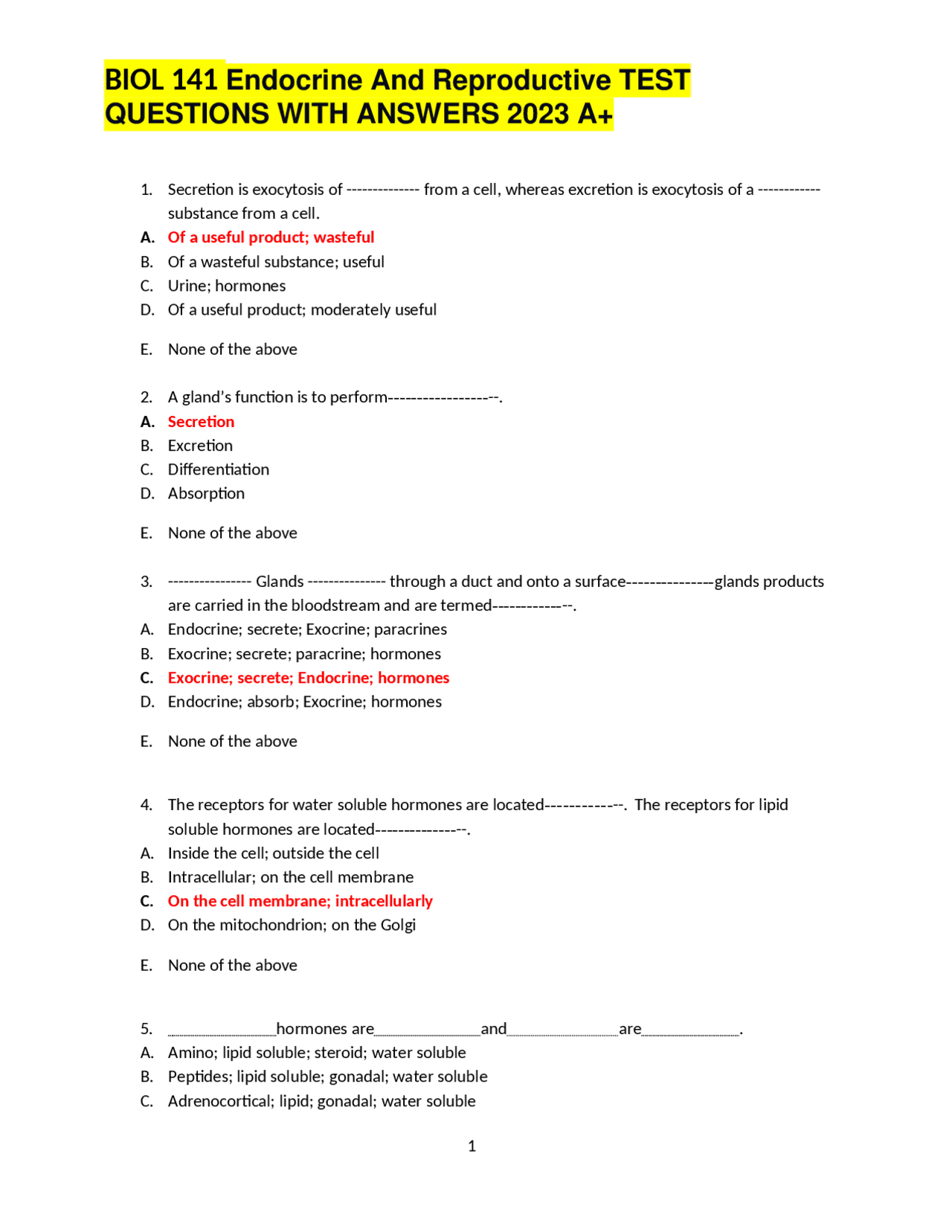 Biol 141 Endocrine And Reproductive Test Questions With Answers 2023 A