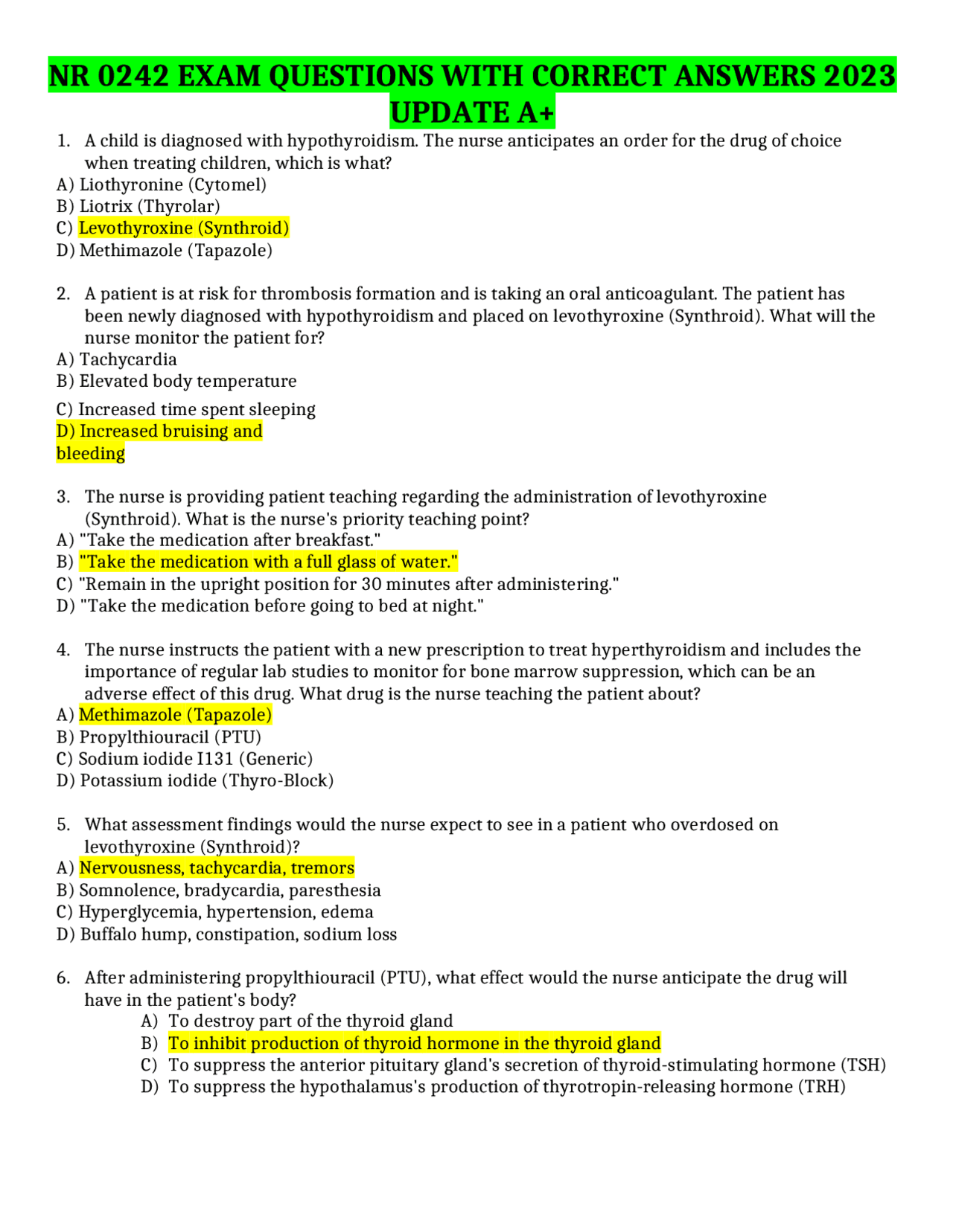 Nr 0242 Exam Questions With Correct Answers 2023 Update A Exams Nursing Docsity