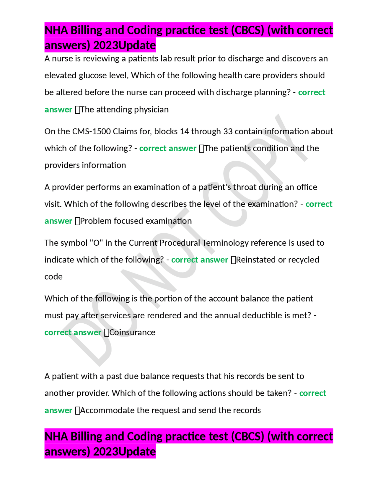 NHA Billing and Coding practice test (CBCS) (with correct answers ...
