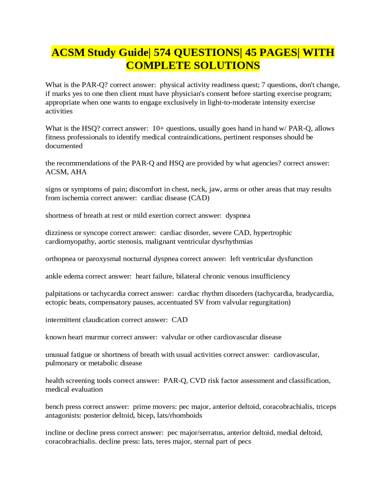 ACSM Study Guide 574 QUESTIONS 45 PAGES WITH COMPLETE SOLUTIONS | Exams ...
