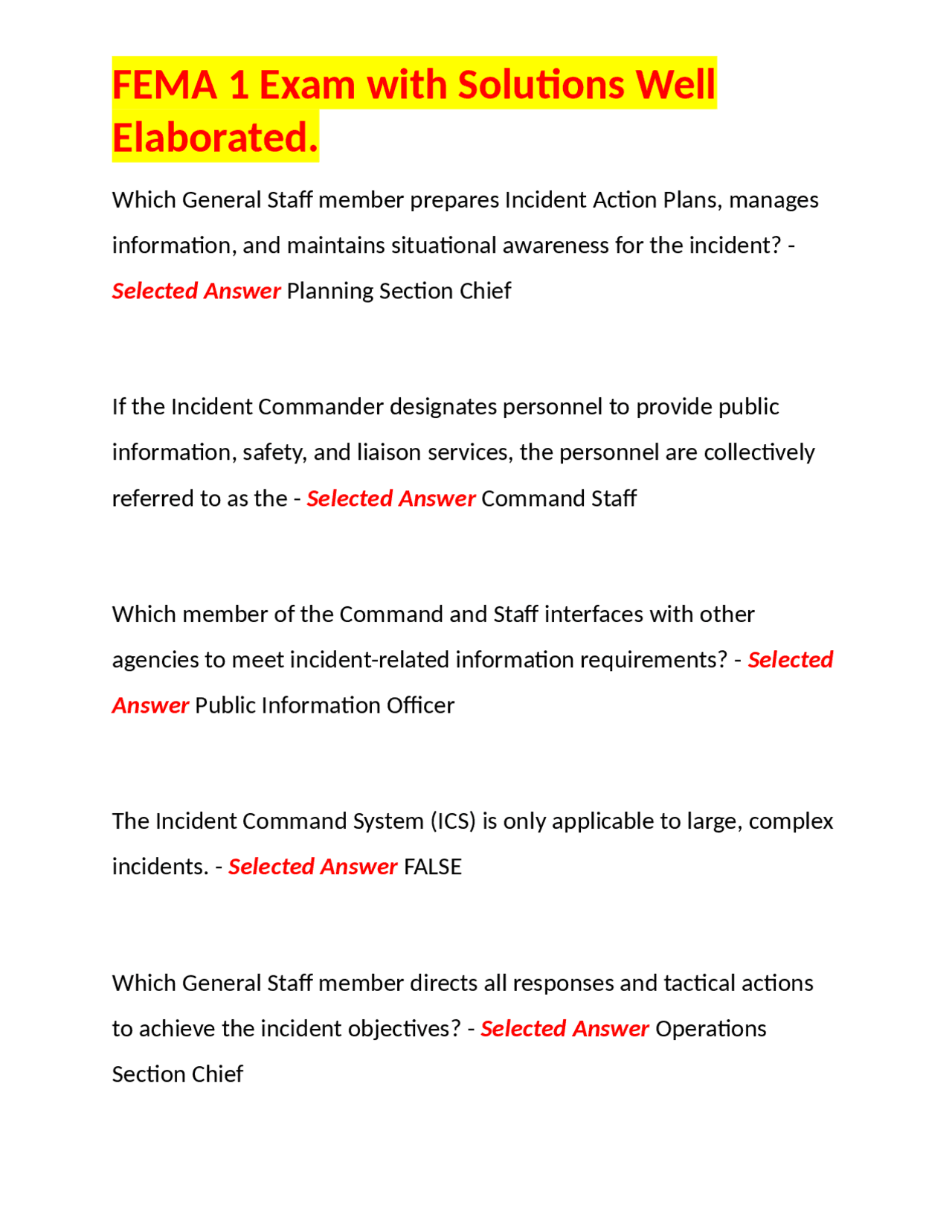 FEMA 1 Exam with Solutions Well Elaborated. | Exams Nursing | Docsity