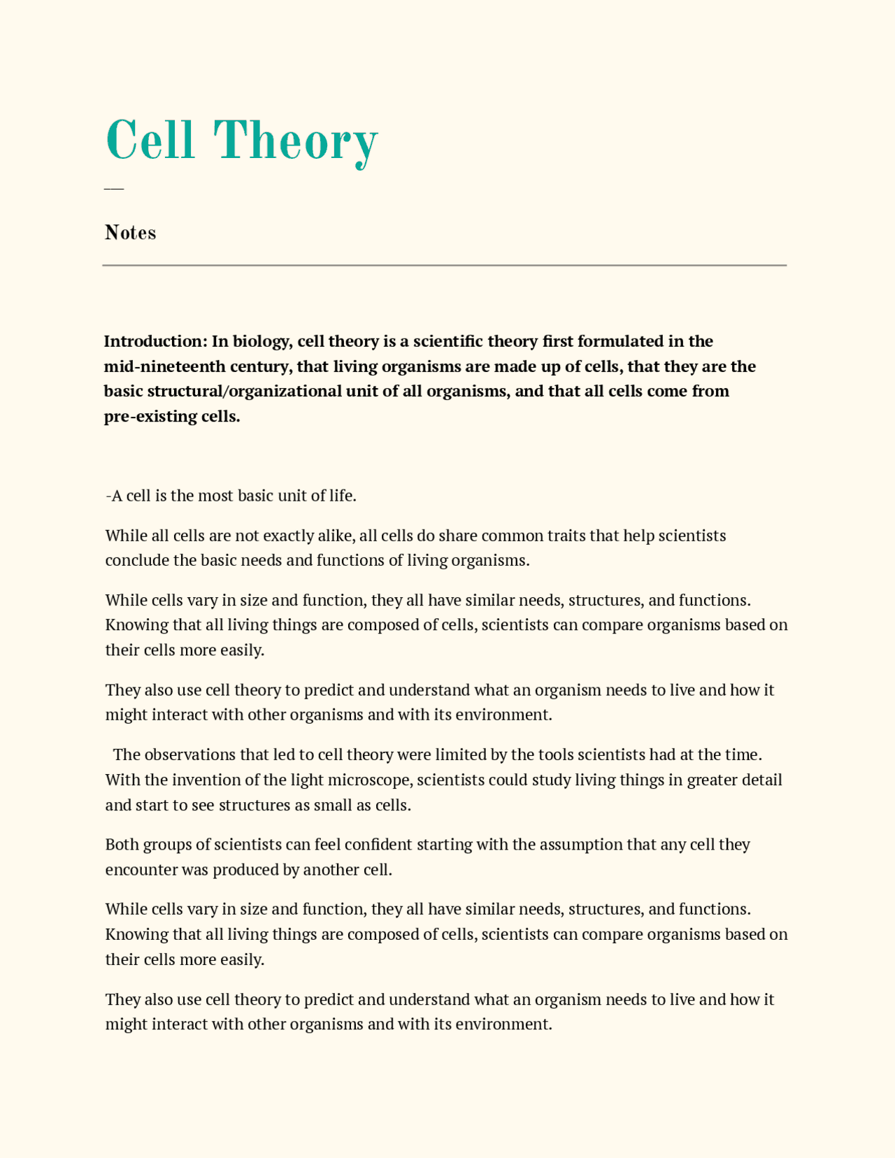 Cell theory- Bio study simple notes :) | Study notes Biology | Docsity