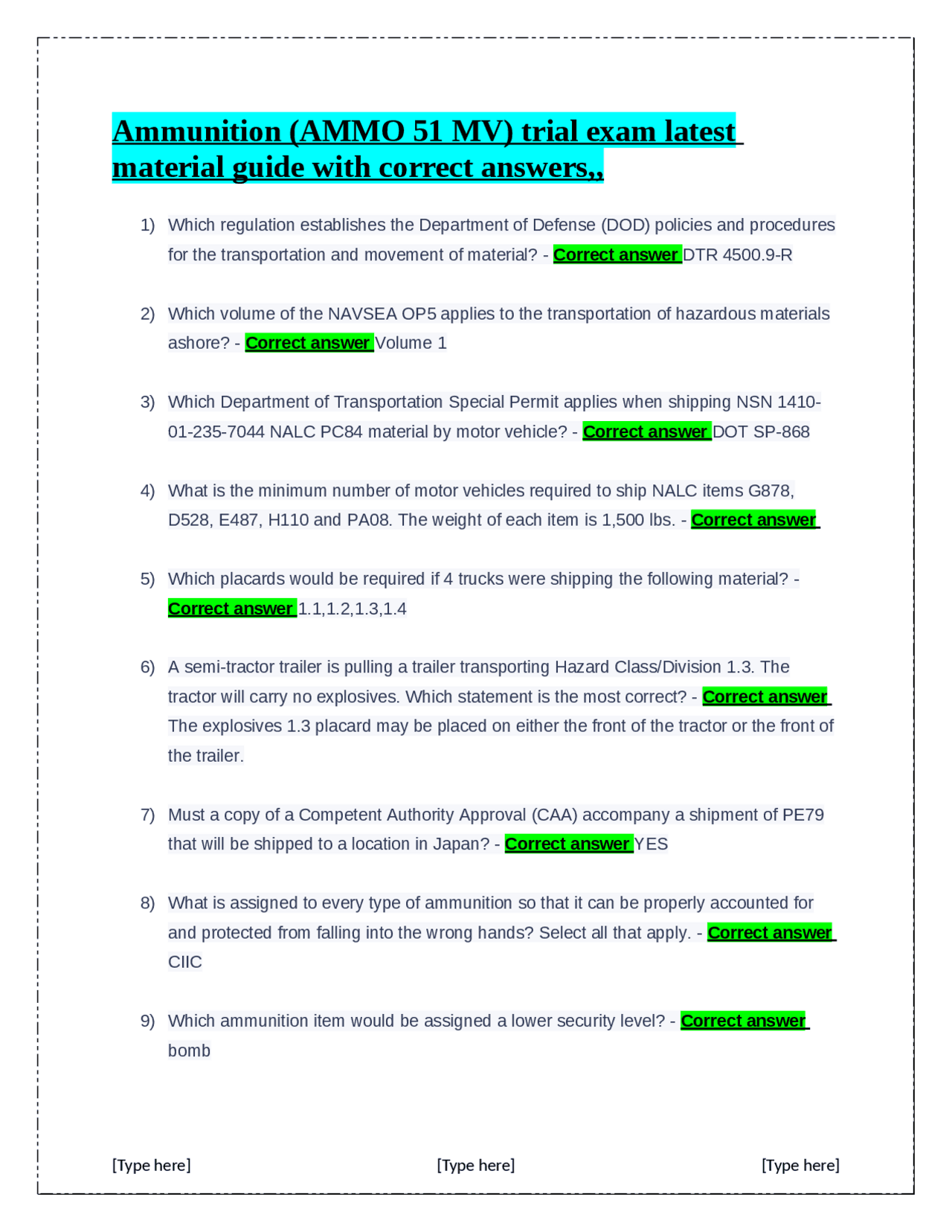 Ammunition (AMMO 51 MV) trial exam latest material guide with correct ...