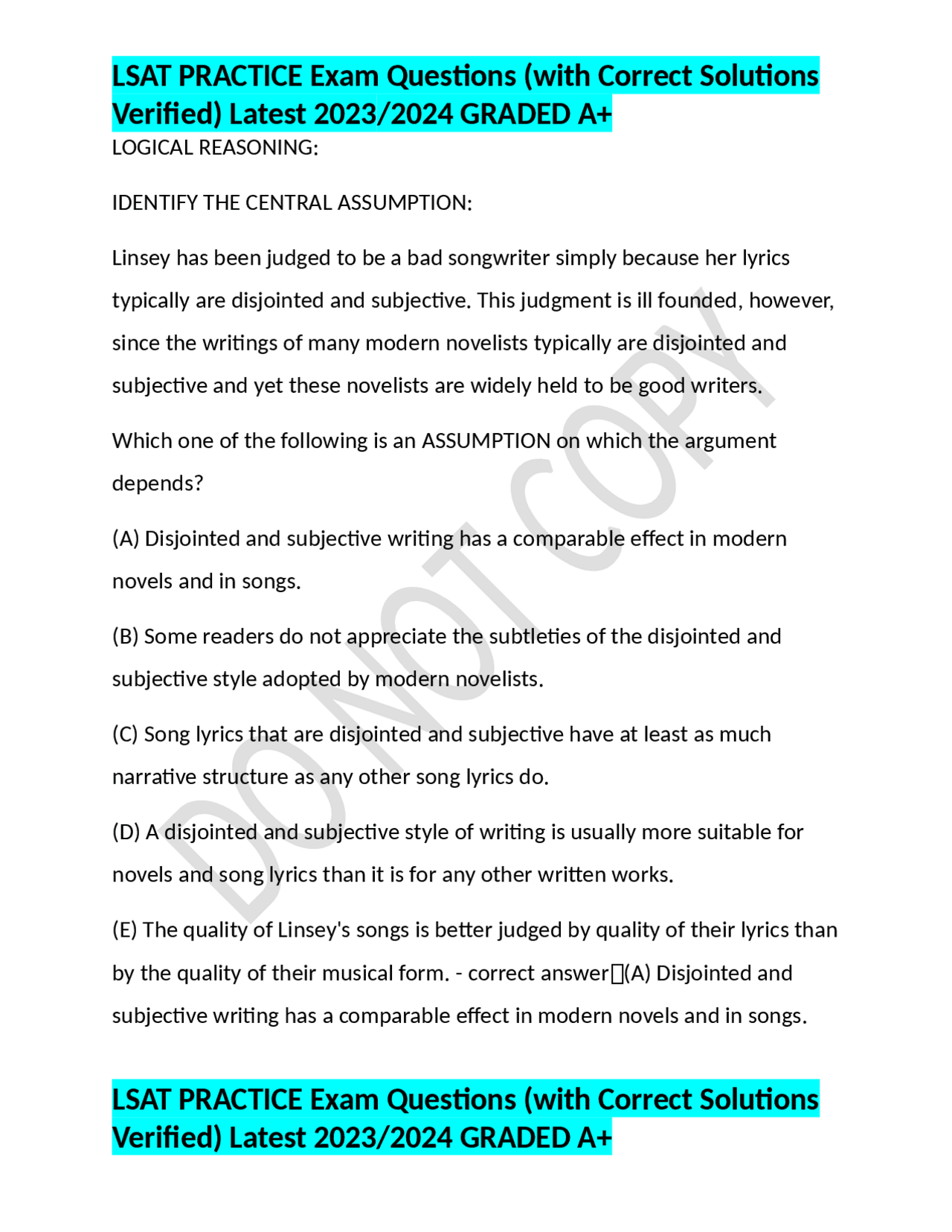 LSAT PRACTICE Exam Questions (with Correct Solutions Verified) Latest ...