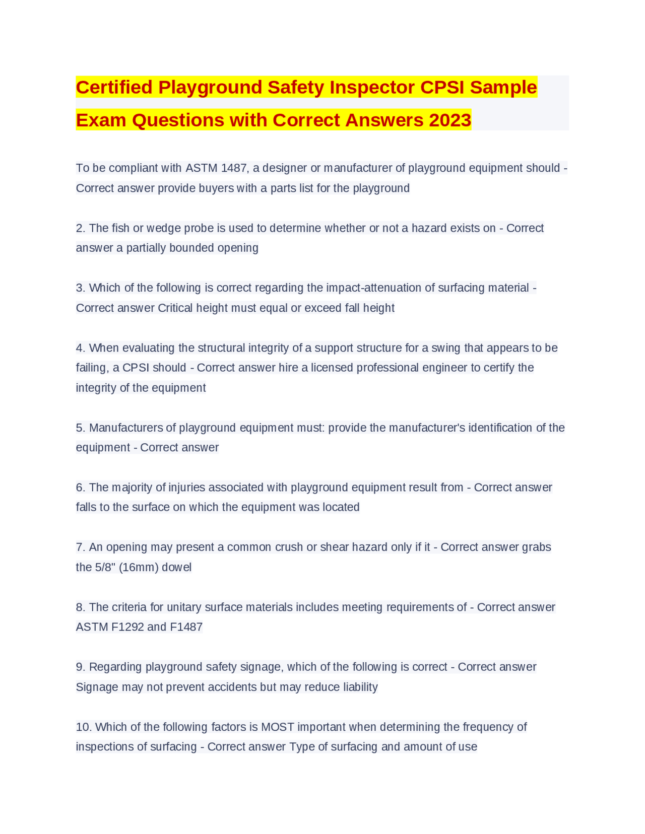 Certified Playground Safety Inspector CPSI Sample Exam Questions with ...
