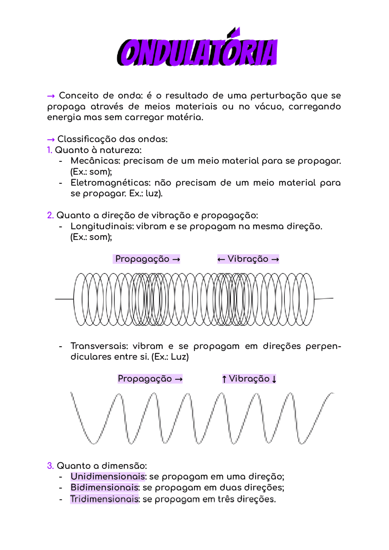 Ondulatória (definições e fórmulas) | Notas de estudo Física para ...