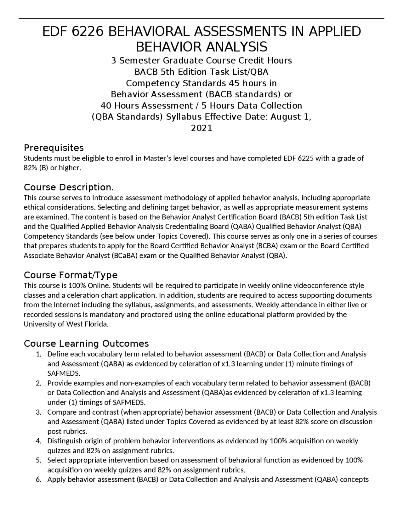 EDF 6226 BEHAVIORAL ASSESSMENTS IN APPLIED BEHAVIOR ANALYSIS | Study ...